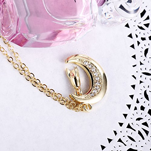 MANZHEN Gold Silver Tone Crystal Crescent Moon with Rocket Charm Pendant Necklace Moon Jewelry (Rose gold)