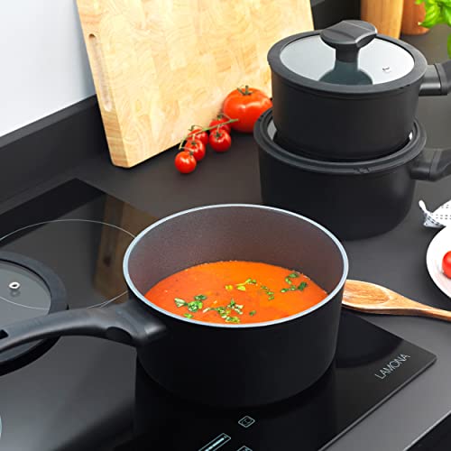 Russell Hobbs RH02131EU7 Saucepan Set, 3 Piece Non-Stick Induction Pans with Lids, 16/18/20cm, Tall Body for Larger Capacity Batch Cooking, Use Little or No Oil, Crystaltech Graphite Collection