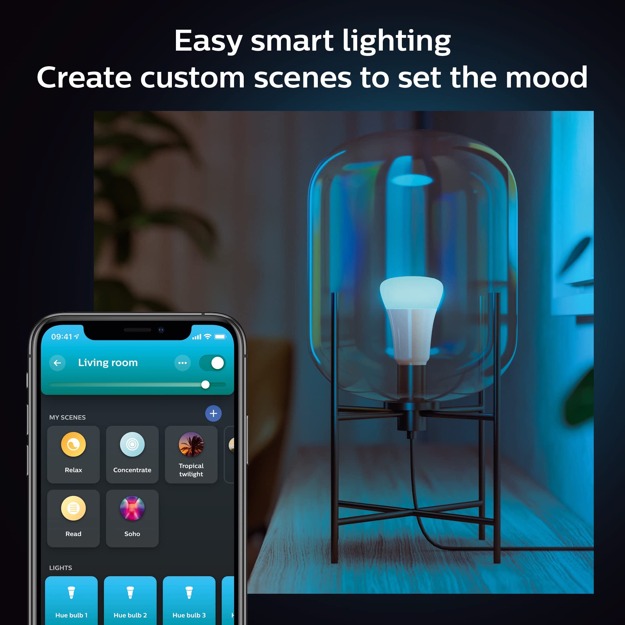 Philips Hue Smart 60W A19 LED Bulb - White and Color Ambiance Color-Changing Light - 4 Pack - 800LM - E26 - Indoor - Control with Hue App - Works with Alexa, Google Assistant and Apple Homekit