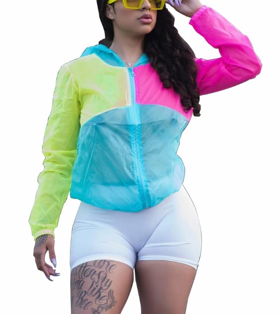SUPERPINCHAQ Women’s crop windbreaker jacket, Sun protection Tracksuit Windbreaker Pullover Jacket Crop Zip Up Color Block(Blue,L)