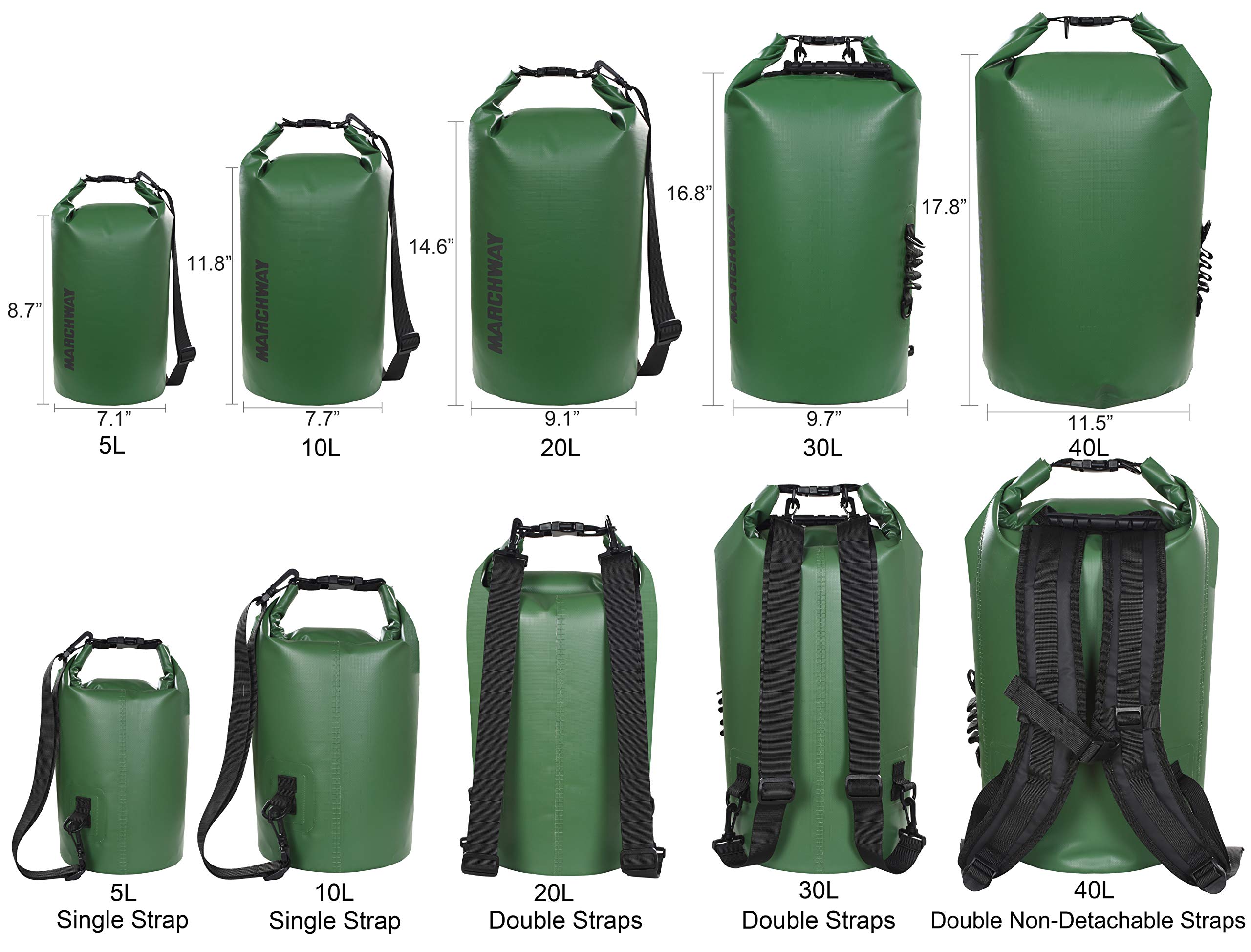 MARCHWAY Floating Waterproof Dry Bag Backpack 5L/10L/20L/30L/40L, Roll Top Sack Keeps Gear Dry for Kayaking, Rafting, Boating, Swimming, Camping, Hiking, Beach, Fishing (Dark Green, 40L)