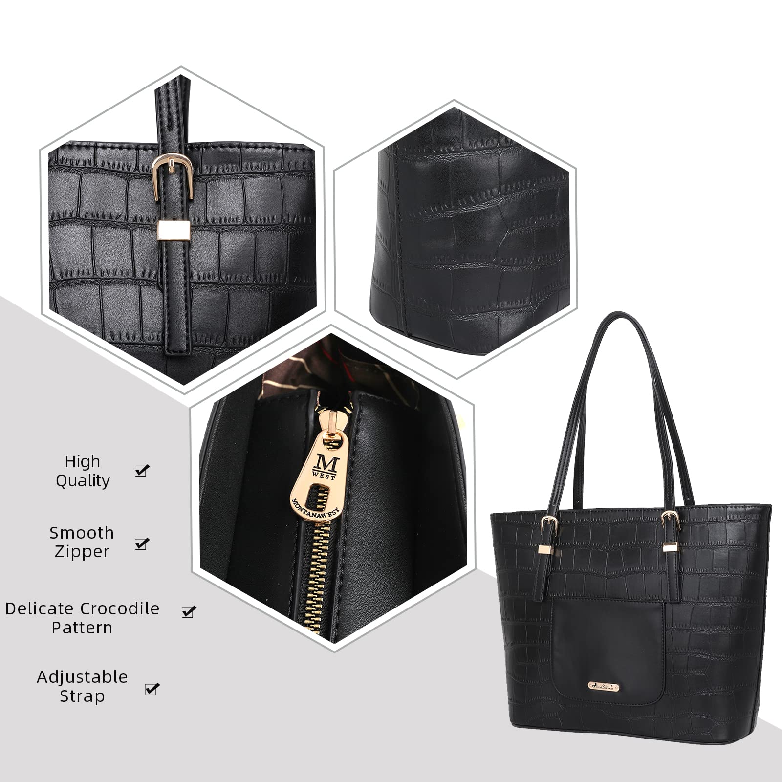 Montana West Handbags Crocodile Pattern Purses for Women Tote Bag Top-Handle Pu Leather Shoulder Bags B2B-MWC-027BK