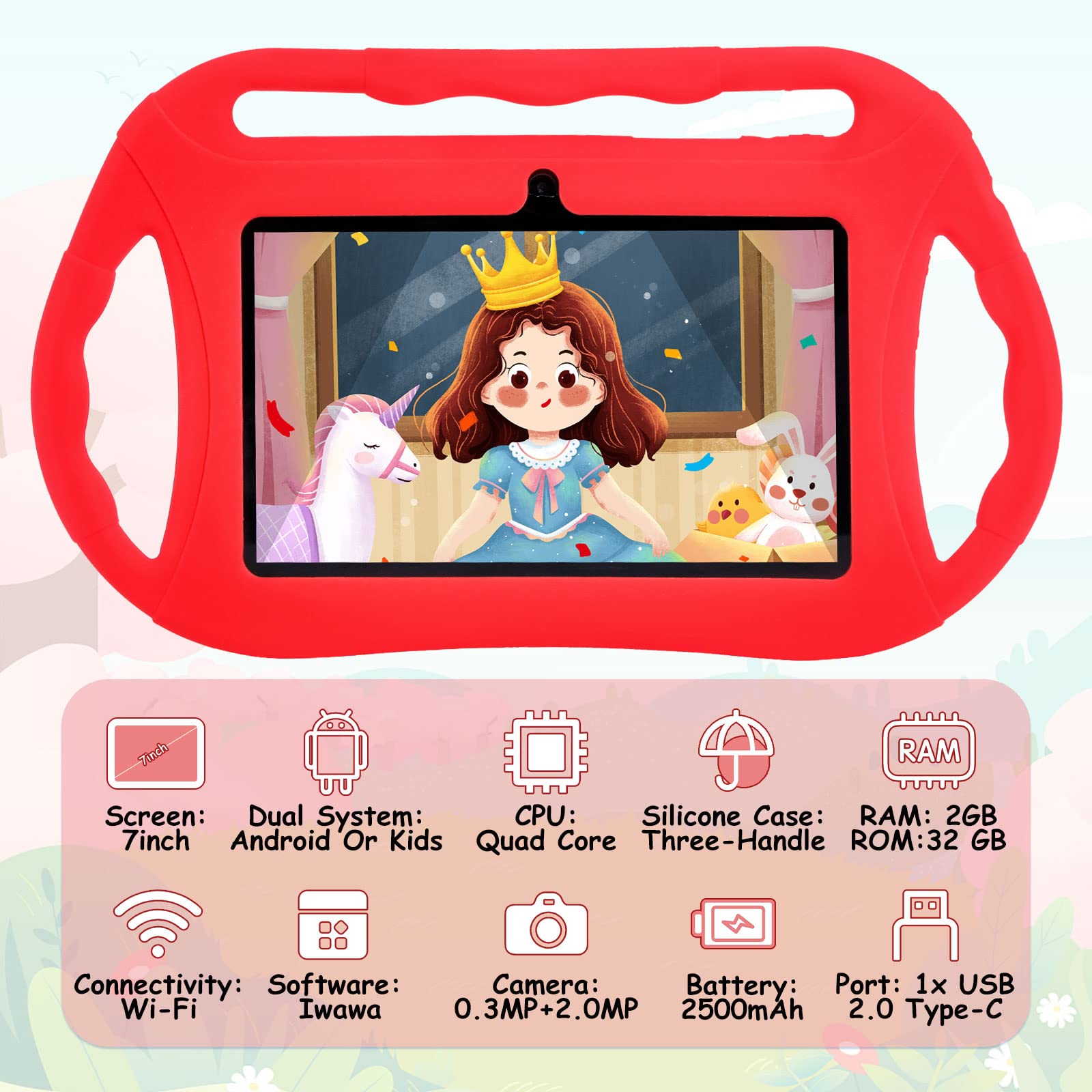 Veidoo Tablet for Kids, 7 inch Android Toddler Tablet, 32GB Storage, WiFi Dual Camera, Kids Content Google Plays, Parental Control, Kid-Proof Case (Red)
