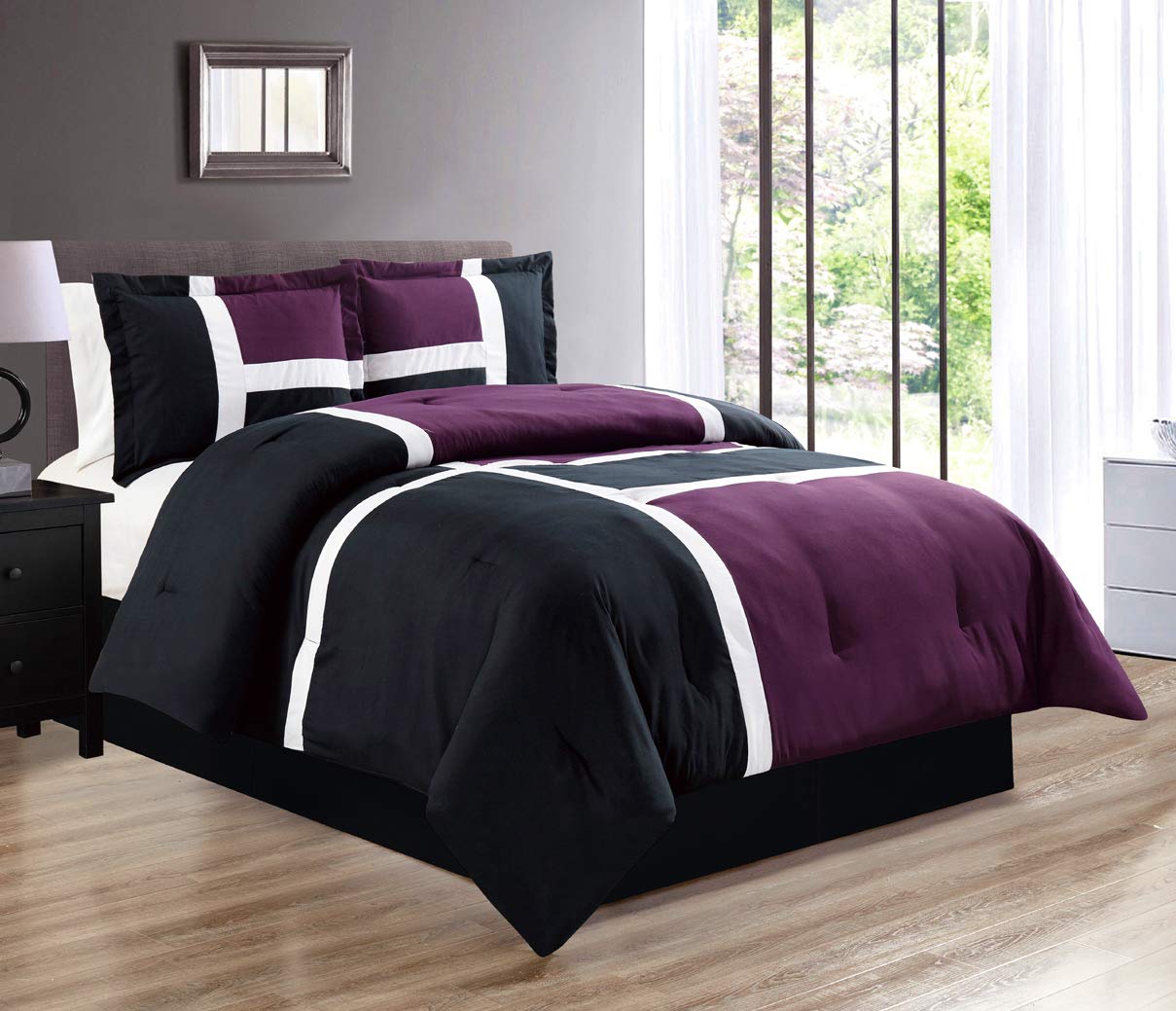 Modern 4 - Piece Color Block Purple, Black, White Grommet Curtain Set Drapes/Window Panels 120" Wide X 84" Tall
