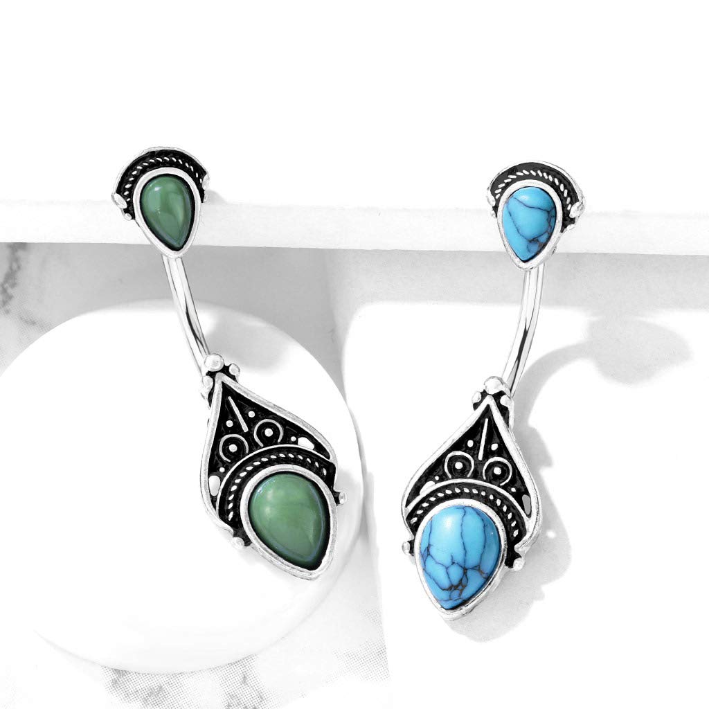 Pierced Owl Double Semi Precious Stone Vintage Filigree Stainless Steel Belly Button Navel Ring (Turquoise)