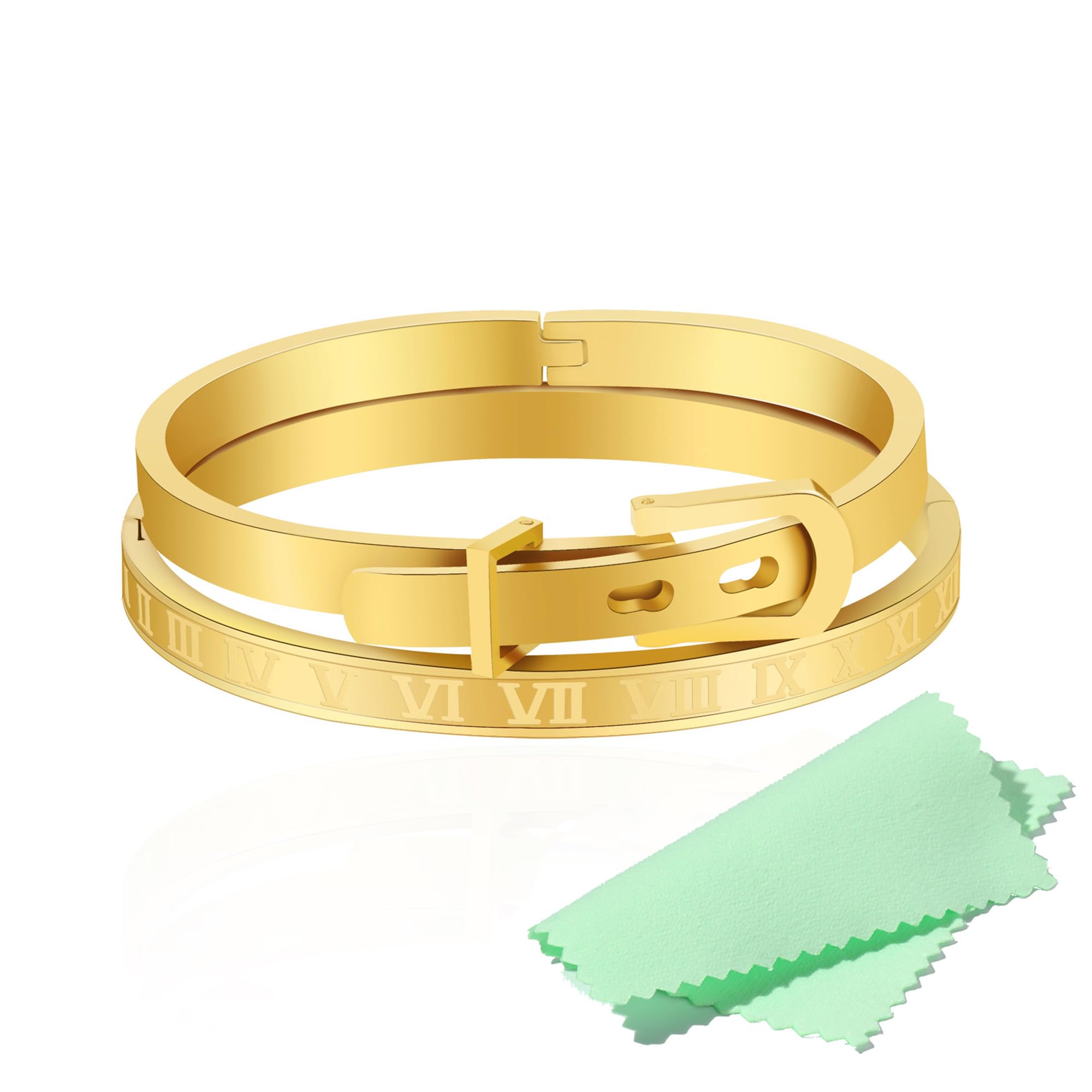MAOCEN Women's Stainless Steel Bracelet Gold Plated Cuff Bangle With Cube Zircon Hinge Jewelry oval Bangle Witness the Gift of Love (6mm Glod 2pcs-A)