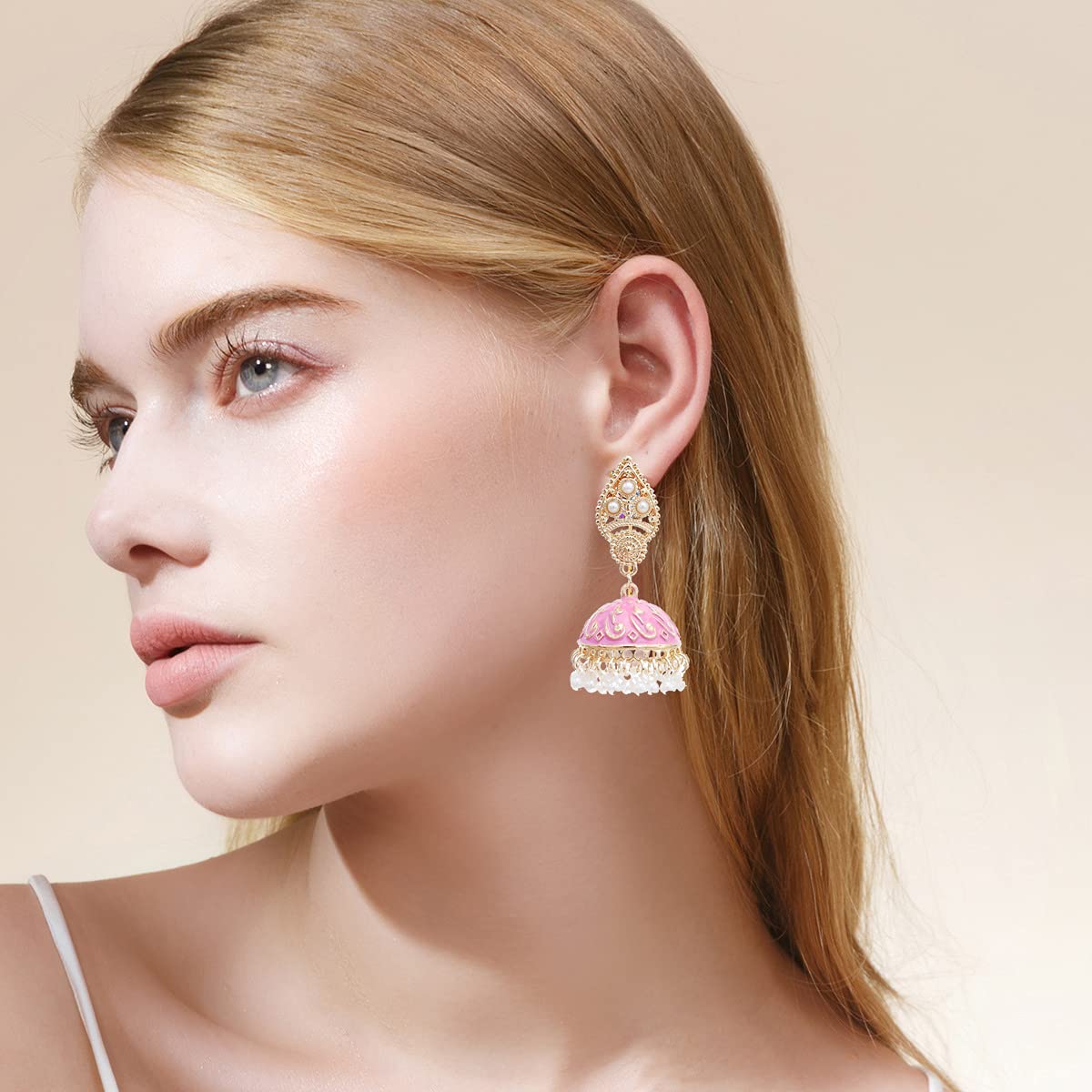 NSLS Gypsy Indian Bell Dangle Earrings Set Retro 4pair/set Round Bell Tassel Hollow Jhumka Earrings for Women(Red)