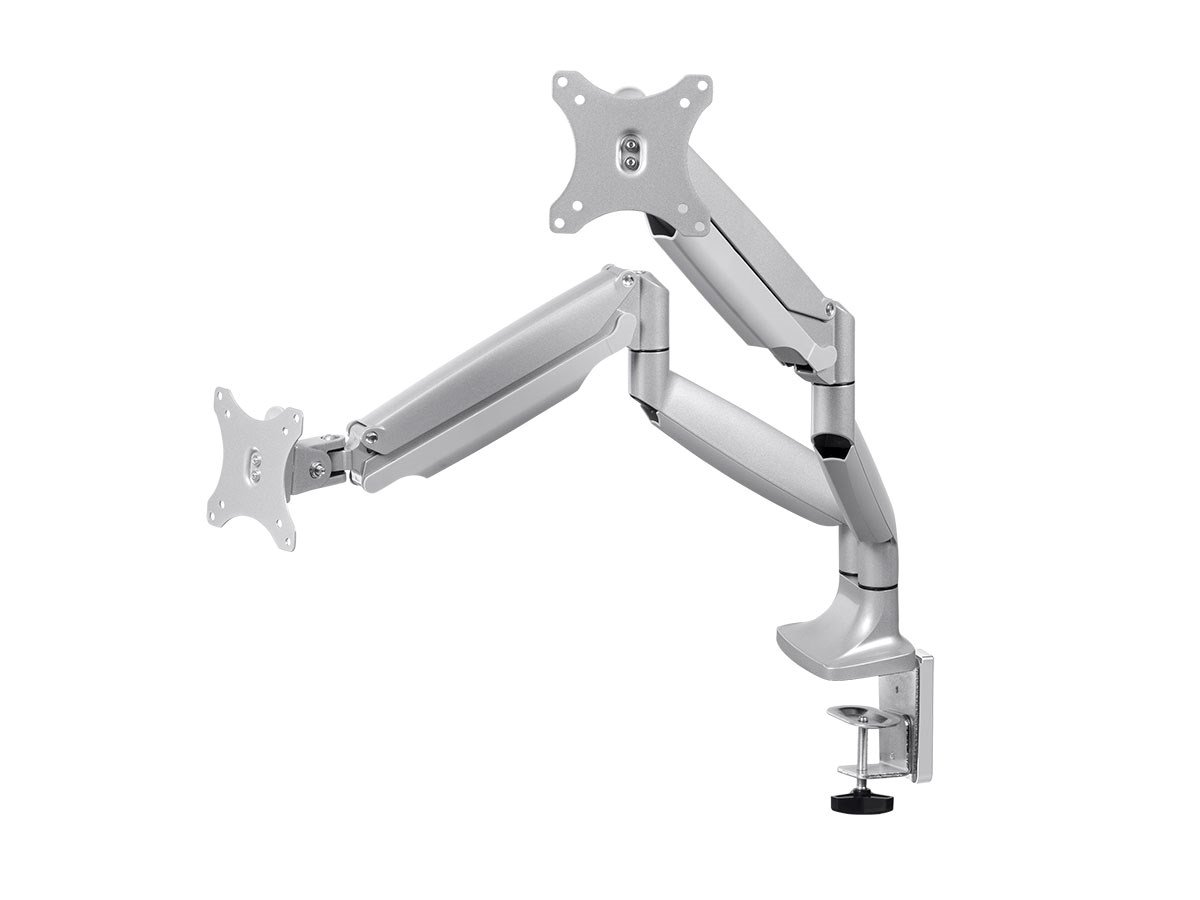Monoprice Dual Arm Adjustable Gas Spring Desk Mount - For 15 to 34 Inch Monitors, Vessa 100x100, weight 19.8lbs, Silver - Workstream Collection