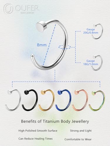 OUFER 6PCS Titanium Nose Ring Hoop, 18G 20G Titanium Nose Studs, G23 Solid Titanium Nose Rings, Gold Black Nose Stud, Nose Piercing Jewelry for Women And Men