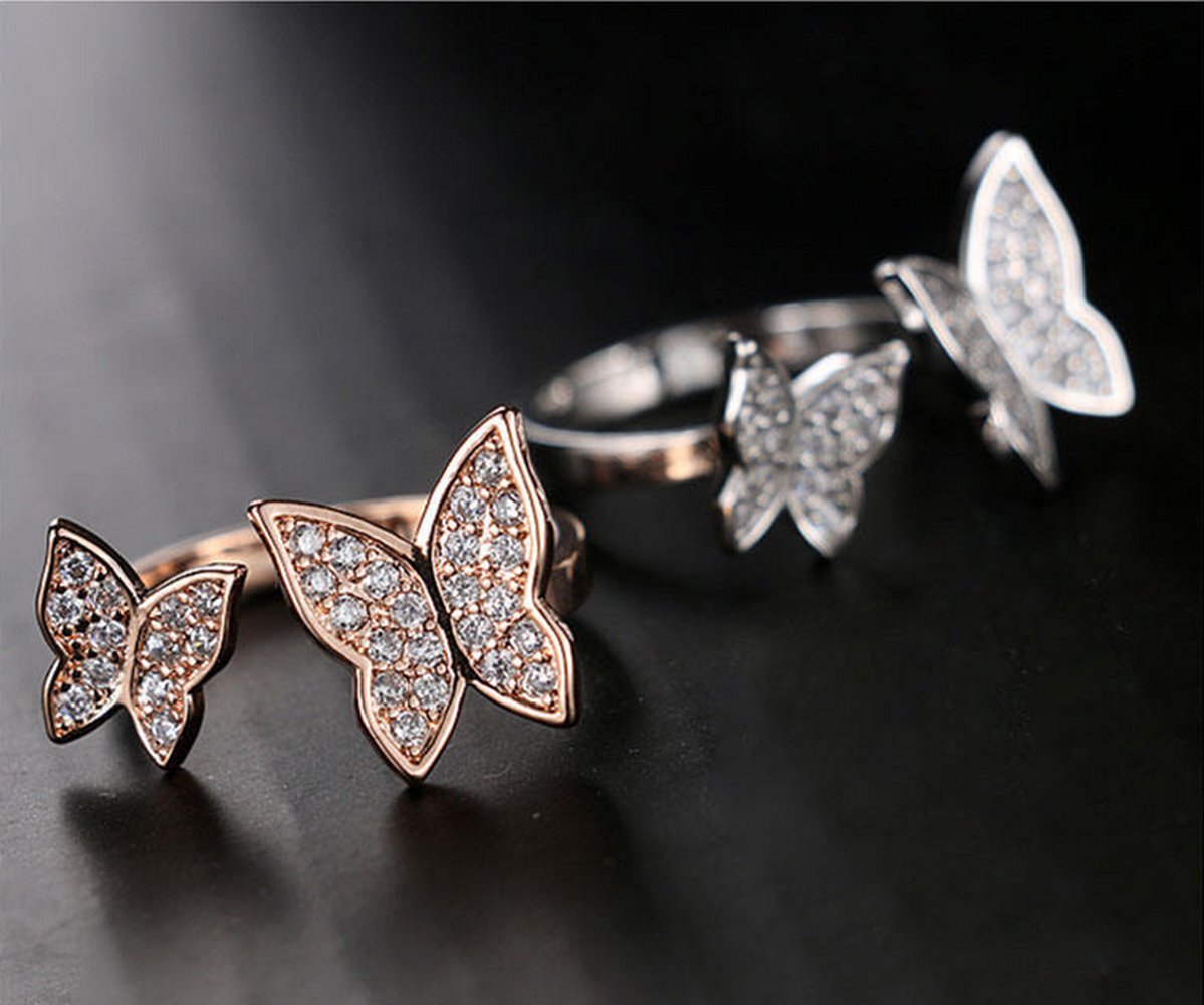 METTU Double Butterfly Finger Rings Open Adjustable Cubic Zirconia Ring for Women (Rose Gold)