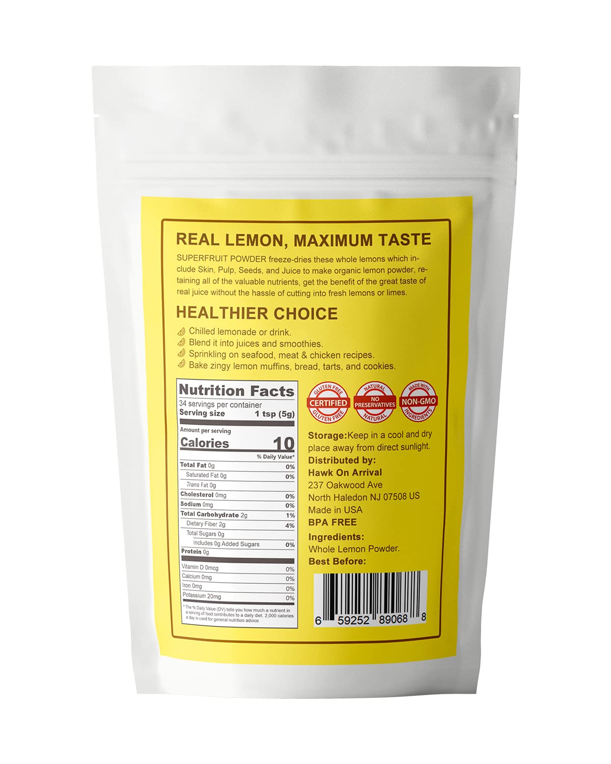 ORGFUN Original Lemon Powder Made with Real Lemons, Freeze Dried Juice Powder, Strong Fresh Lemon Flavor Great for Beverages, Smoothies, Baking 7.06 Oz