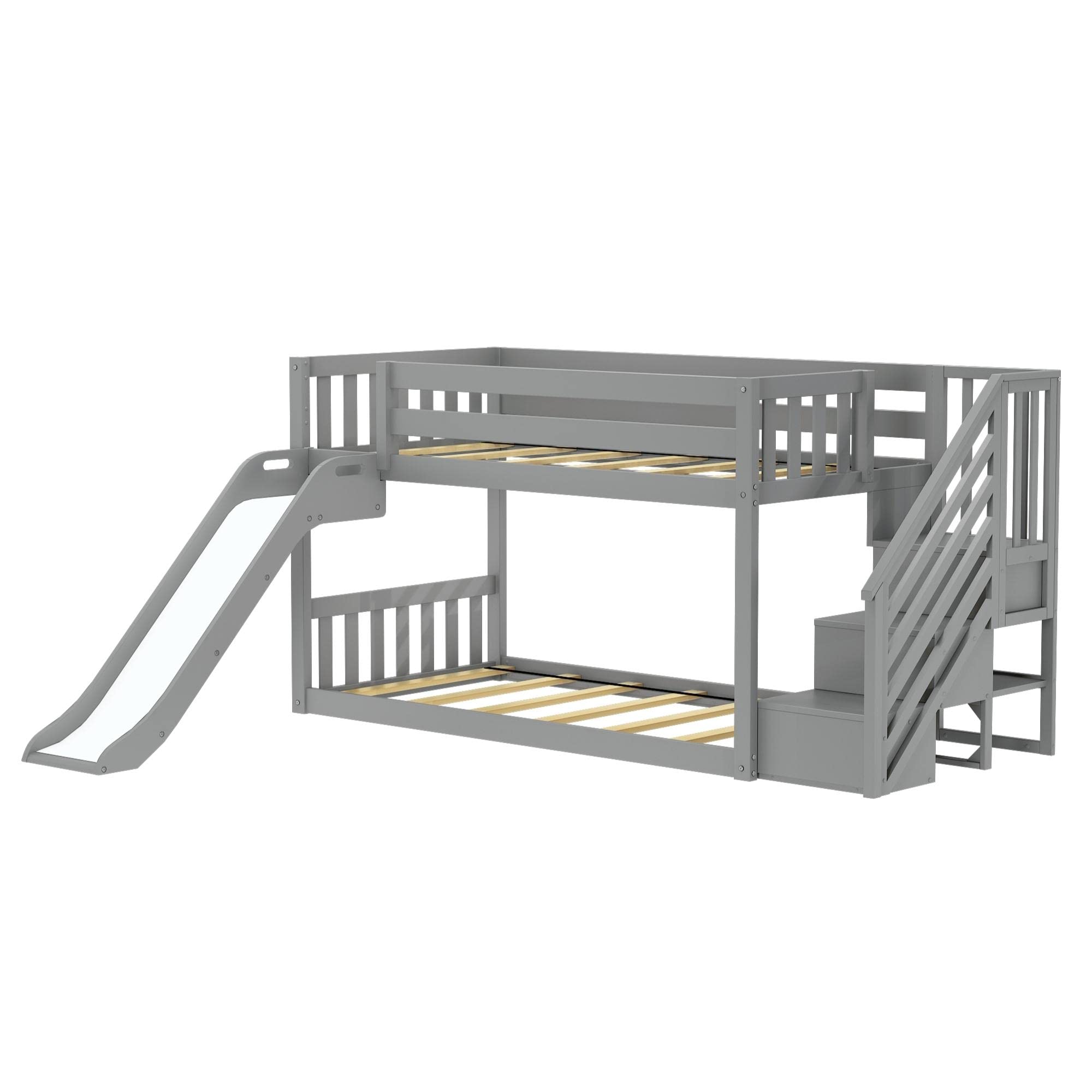 Max & Lily Solid Wood Twin over Twin Size Low Bunk Beds for Kids with Slide and Stairs, 400 lbs Weight Capacity, 14" Safety Guardrail, Anti-Slip Steps, White