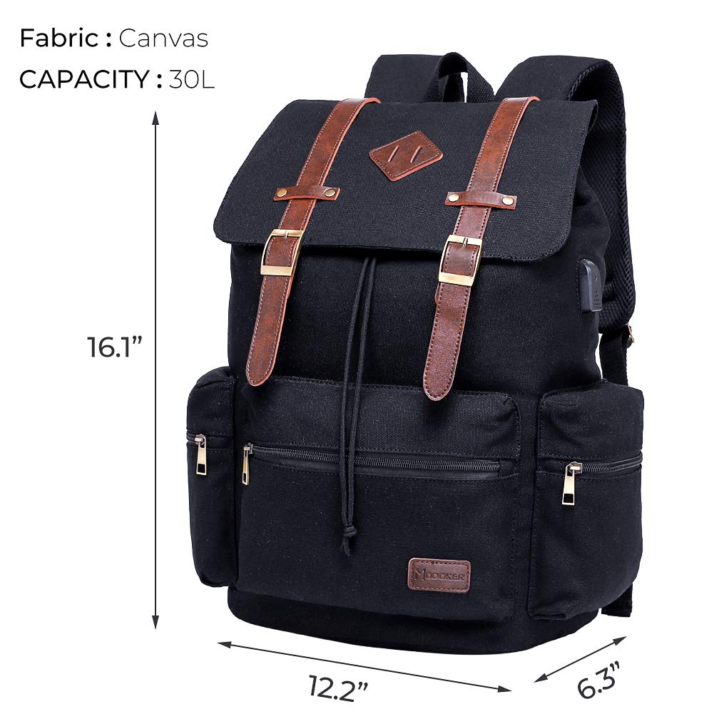 Modoker Mens Canvas Vintage Backpack for Men,Women, Travel Laptop Backpack Fits 17/15.6 Inch Computer & Tablet, Large Bookbag Rucksack Backpack with USB Charging Port, Black