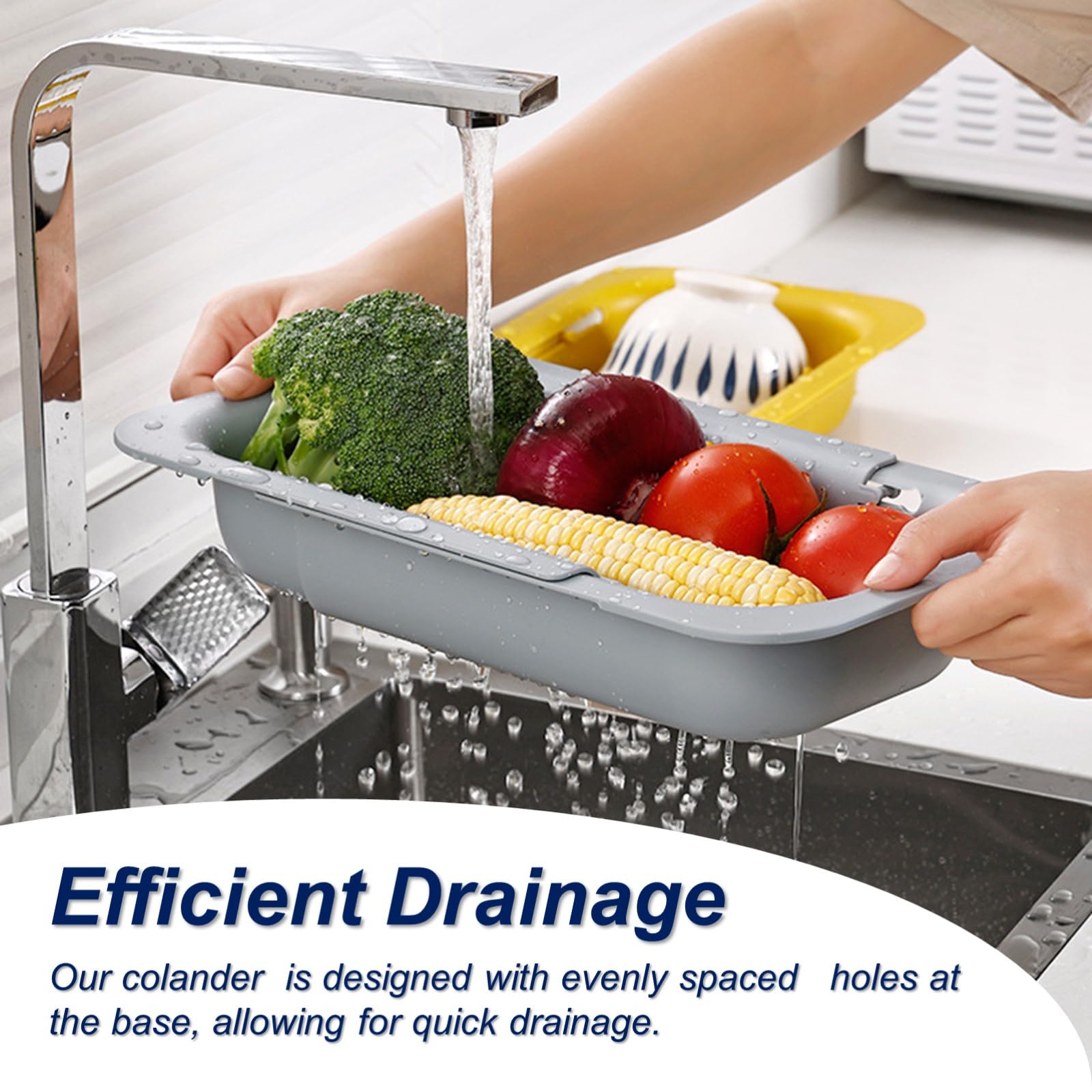 YUNKWONG Extendable Sink Colander Strainer Basket - Wash Vegetables and Fruits, Drain Cooked Pasta and Dry Dishes - Adjustable Over the Sink Colander Collapsible Drainer Basket -Gray