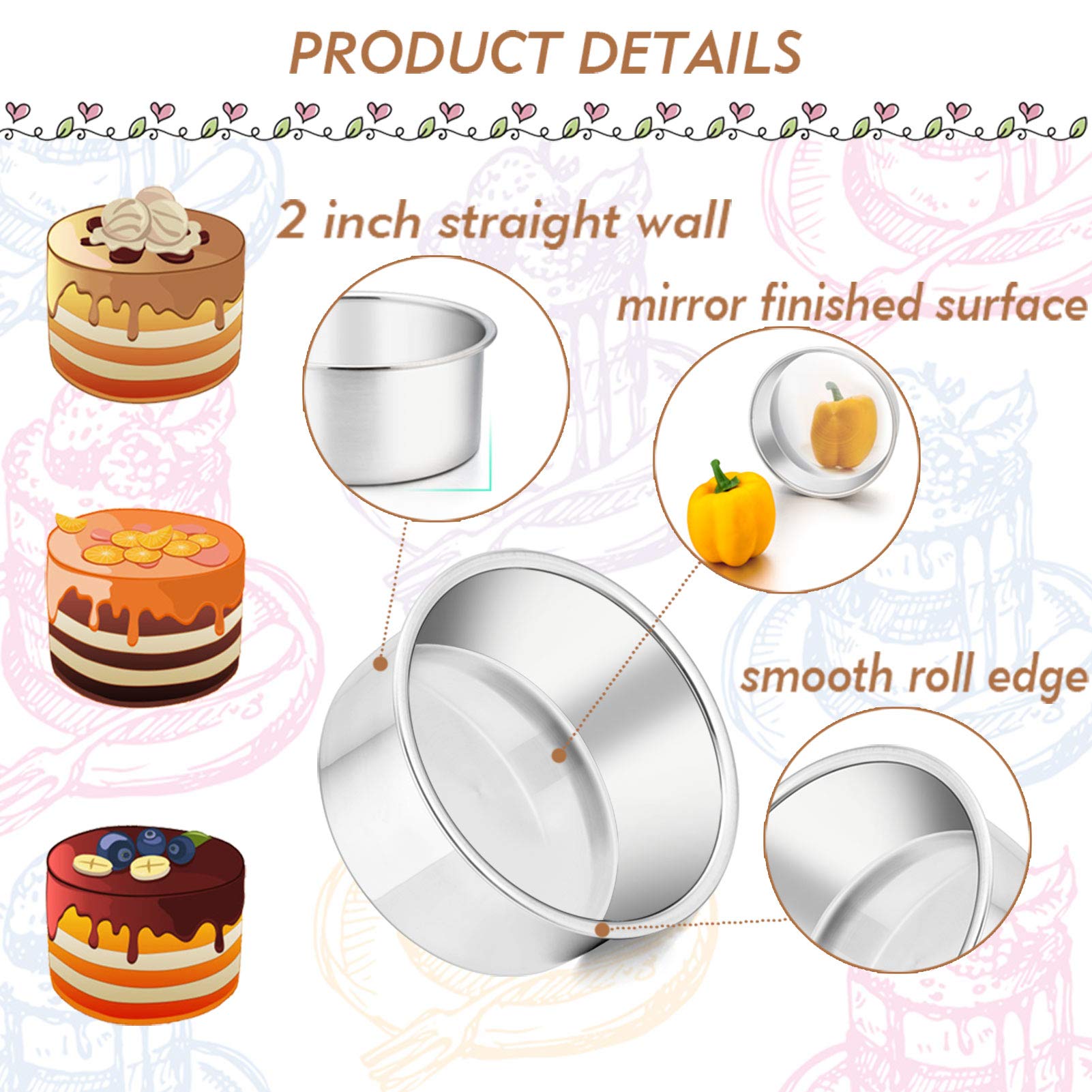 TeamFar 4 Inch Cake Pan, 4 Pcs Mini Cake Pan Round Tier Baking Cake Pans Set Stainless Steel, For Baking Steaming Serving, Healthy & Sturdy, Mirror Finish & Dishwasher Safe