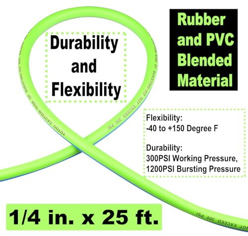 YOTOO Air Hose 1/4 in x 25 ft, Heavy Duty Hybrid Air Compressor Hose, Flexible, Lightweight, Kink Resistant with 1/4" Industrial Quick Coupler Fittings, Bend Restrictors, Green+Blue