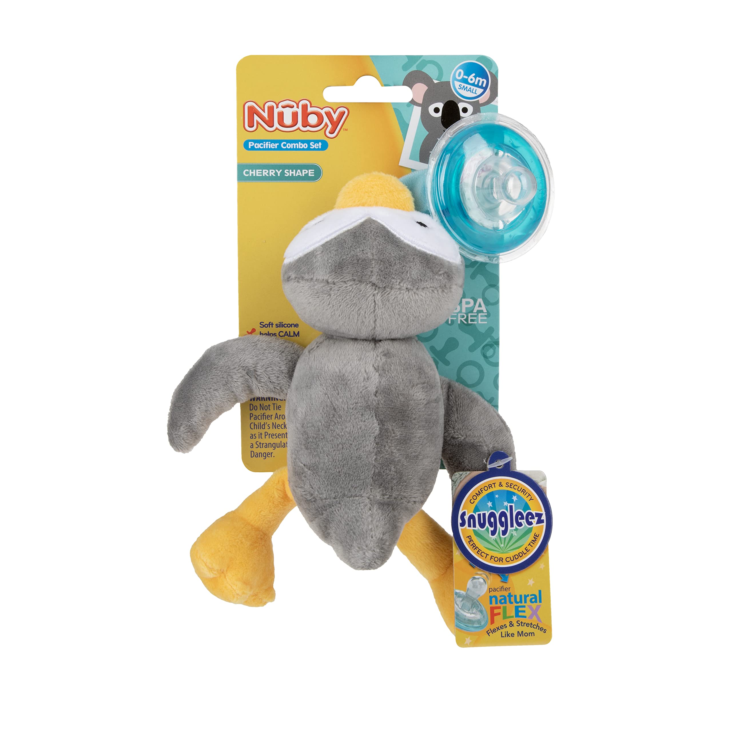 Nuby Calming Natural Flex Snuggleez Pacifier with Plush Combo Set for Cuddling with Comfort, Penguin