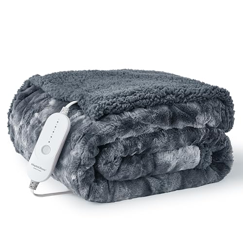 Maple&Stone Heated Blanket Electric Queen Dual Control Faux Fur Fast Heating Electric Blanket,5 Heat Settings Heating Blanket & 10 Hours Auto-Off Timing Settings (84 x 90 inches,Grey)