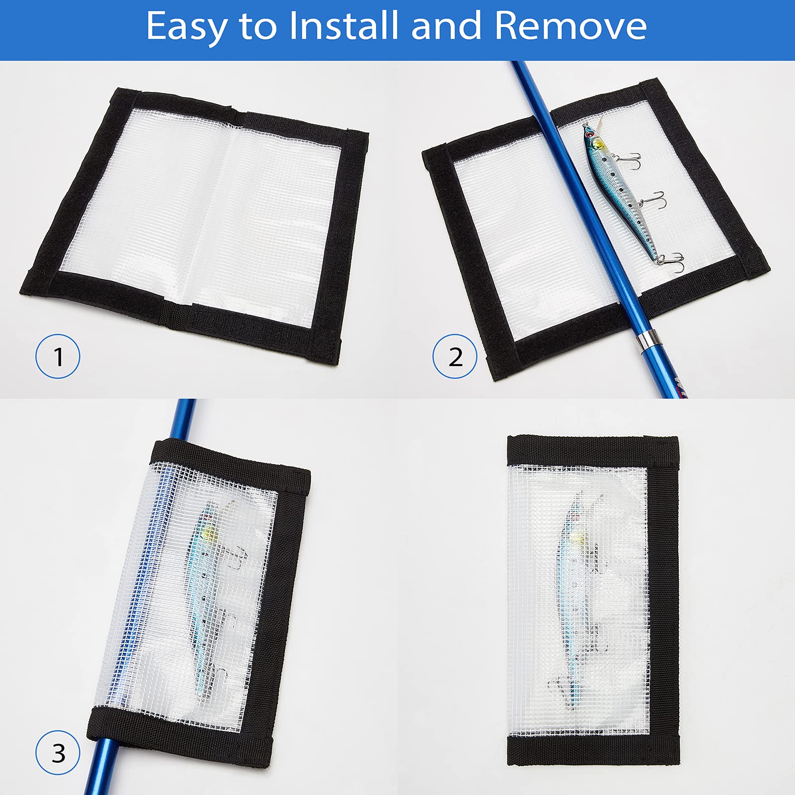 MOOCY Fishing Lure Wrap for Rod, Tangle-Free Safety Velcro Hooks Cover, Secure Protectors Holder Storage for Various Bait (Clear - 4PK)