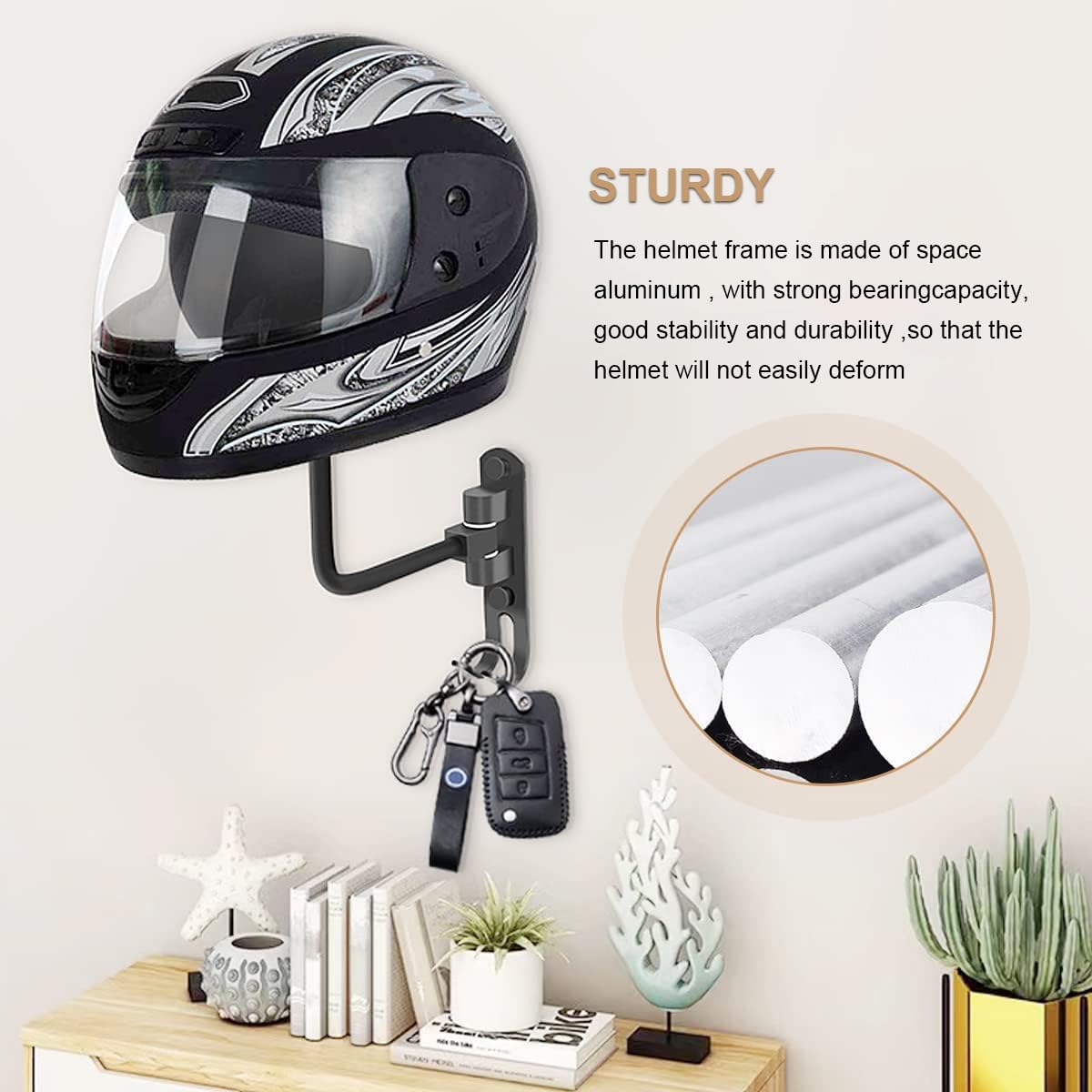 Motorcycle Helmet Rack, Helmet Holder Wall Mount 180° Rotation Hanger with 2 Hook for Coats, Caps, Motorcycle Accessories (Grey, 1 PCS)