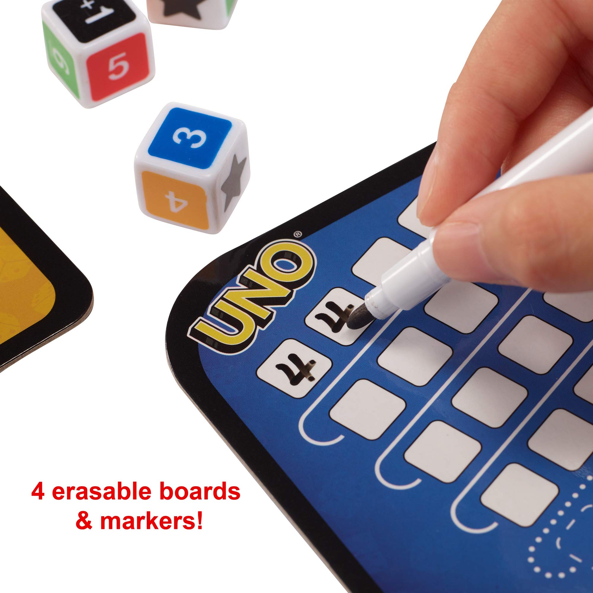 Mattel Games UNO Family Dice Game, with 6 Dice, 4 Dry Erase Boards and 4 Markers, Makes A Great Gift for 7 Year Olds and Up