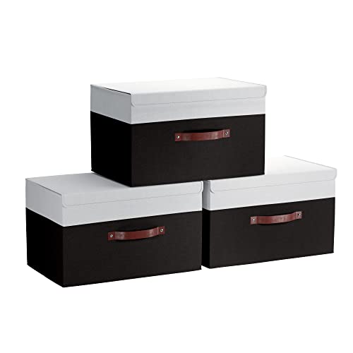 Ornavo Home 3 Pack Collapsible Storage Bins with Lid, Foldable Linen Fabric Shelf Storage Basket Closet Organizer and Large Storage Box for Clothes with Leather Handles, 15 x 10 x 9, White/Black