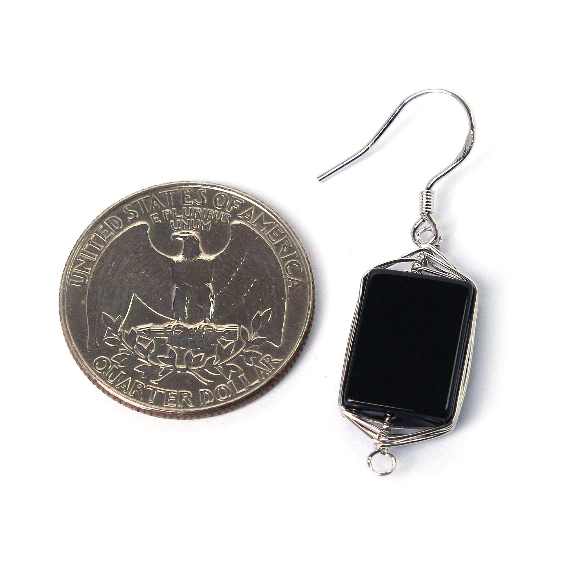 Natural Stone Wire Wrap Dangle Drop Earrings Platinum Plated 925 Sterling Silver Hook/Black Onyx 14mm Square