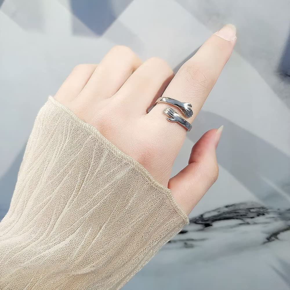 Todu Silver Plated Hug Rings Always With You Adjustable Hugging Hands Open Love Promise Friendship For Women Men Rings Jewelry Gift