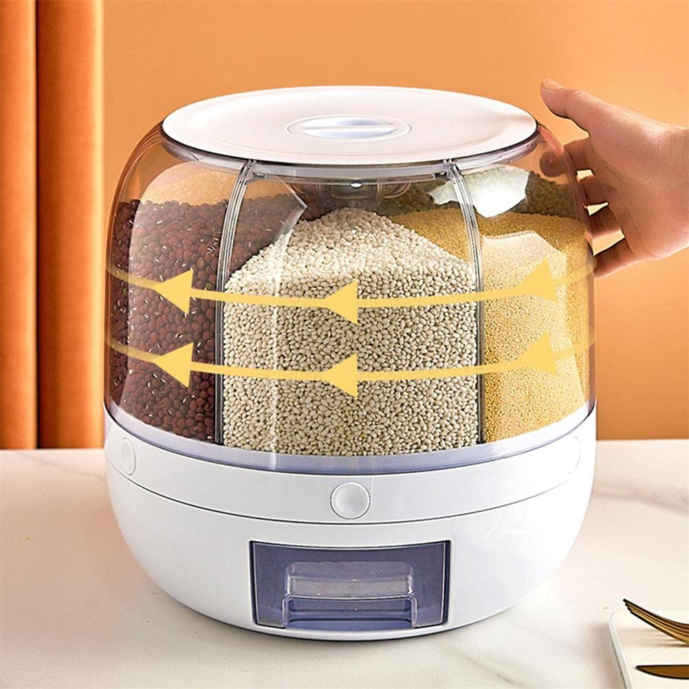 SFNTION Dry Grain & Rice Storage Container - 12L Separate Rice Bucket Cereal Dispenser for Pantry and Kitchen Countertop 6 Grid Rotating Food Grain Organizer Box Automatic Output Food