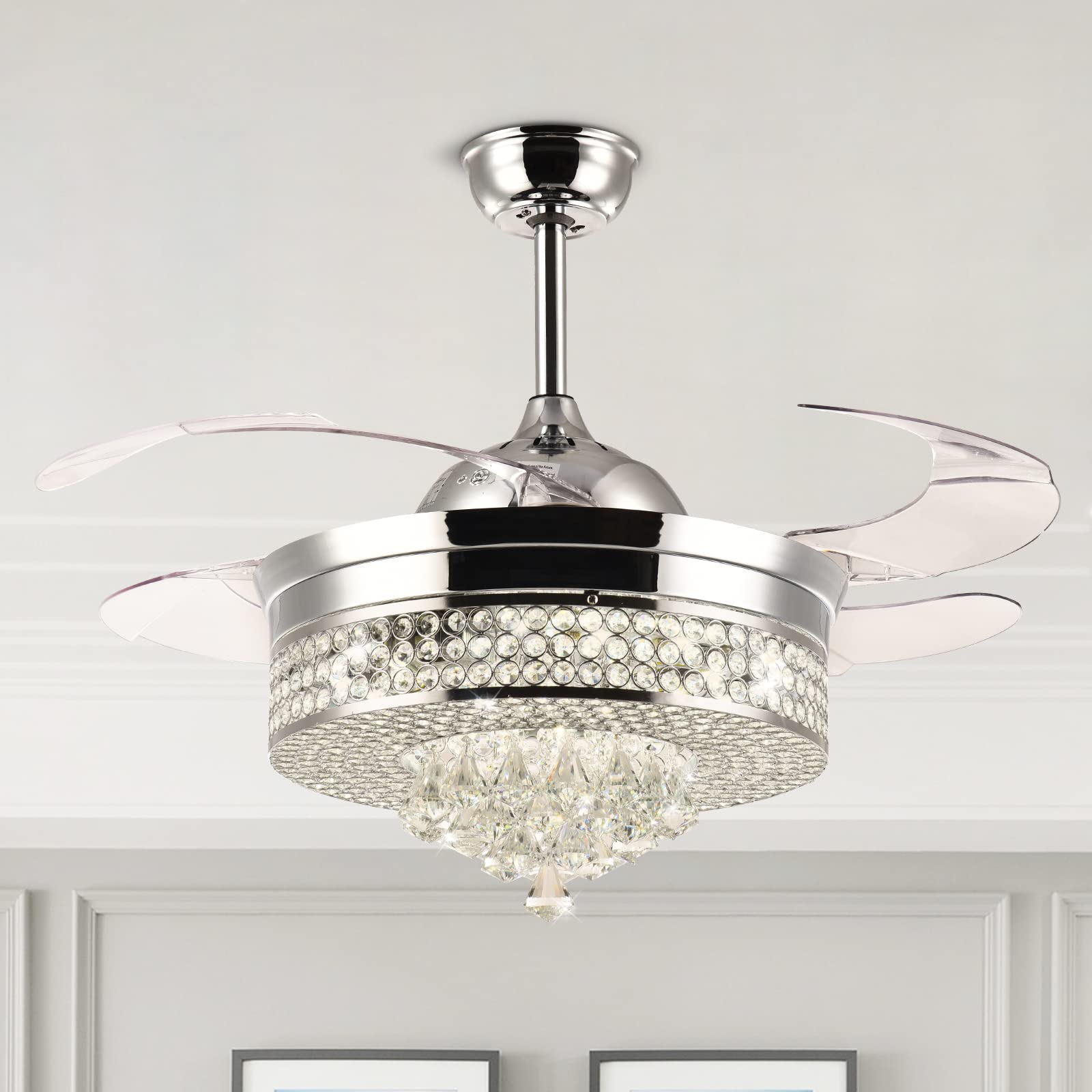 NOXARTE 36 Inch Crystal Ceiling Fan with Remote, Dimmable Retractable Chandelier Fan, Invisible Fandaliers Ceiling Fan for Bedroom Dining Room-Silverā¦
