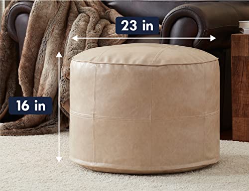 Ornavo Home Faux Leather Unstuffed Round Boho Moroccan Pouf Ottoman, Floor Footrest Cushion for Living Room - Beige