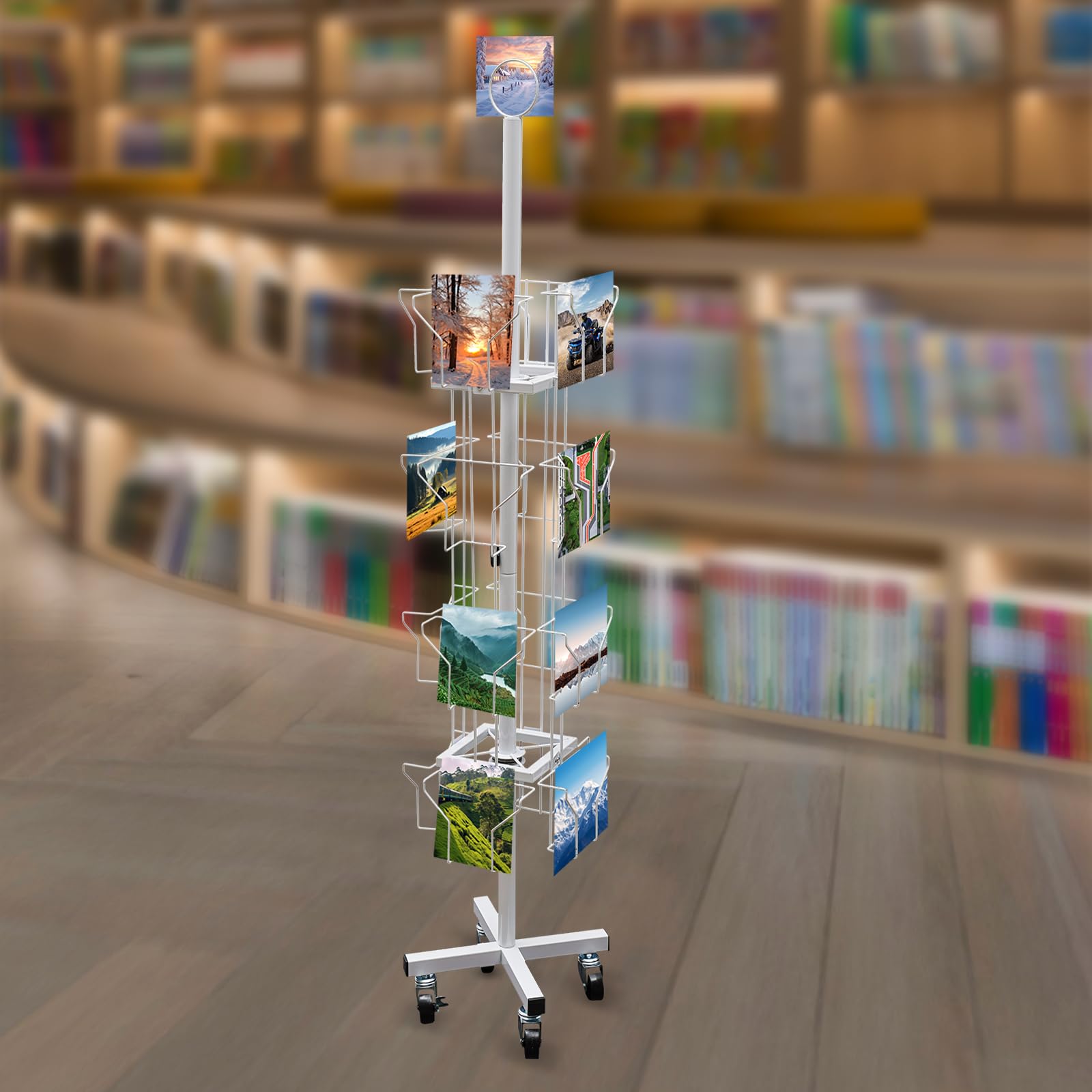 Vintoro Storage Stand Assistant, 360° Rotating Greeting Card Rack with 4 Universal Wheels,16-Pocket Display Stand Spinning, 31.5*12.6*5.12in,for Classroom Office Library Craft Show, White