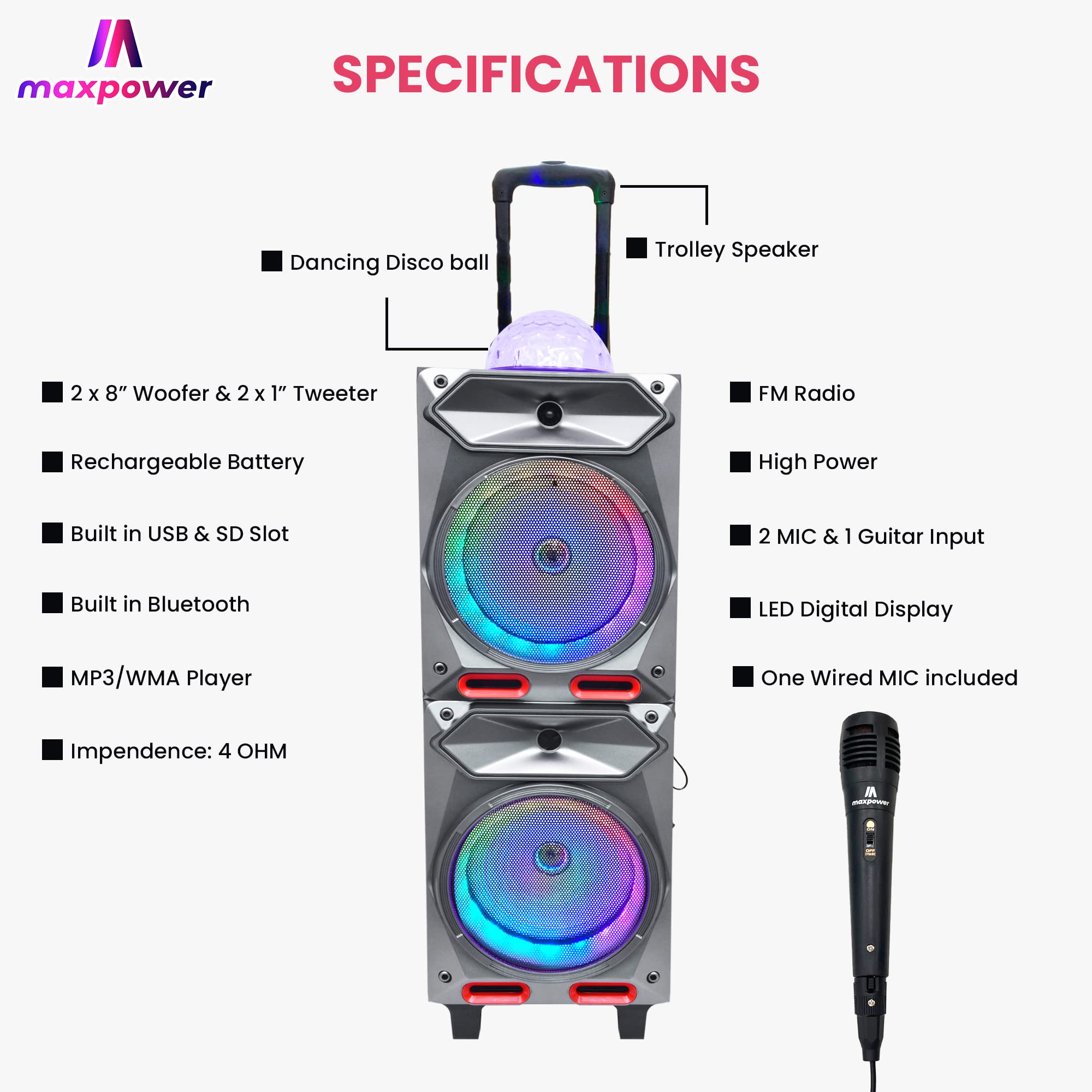 Max Power Karaoke Speaker - MPD6207 Bluetooth Speaker with Colorful LED Party Light - Easy to Carry Silver Speaker with Rechargeable Battery, Built-in USB & SD Slot, Mic & Remote Control (Silver)