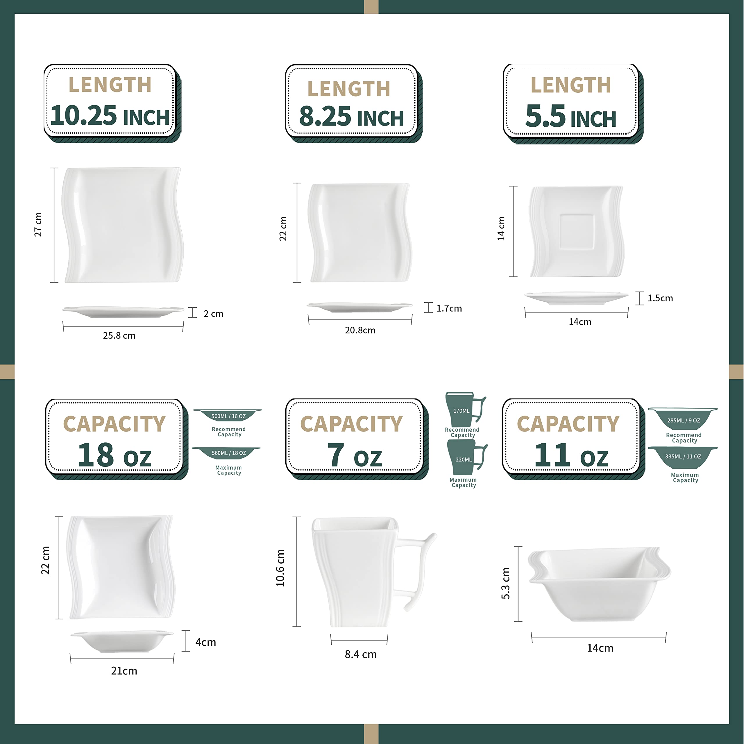 MALACASA Plates and Bowls Sets, 36-Piece Ivory White Square Dinnerware Sets for 6, Porcelain Kitchen Plate Bowl Set, Dishes, Cup and Saucer Set, Modern Dinnerware Set, Series Flora