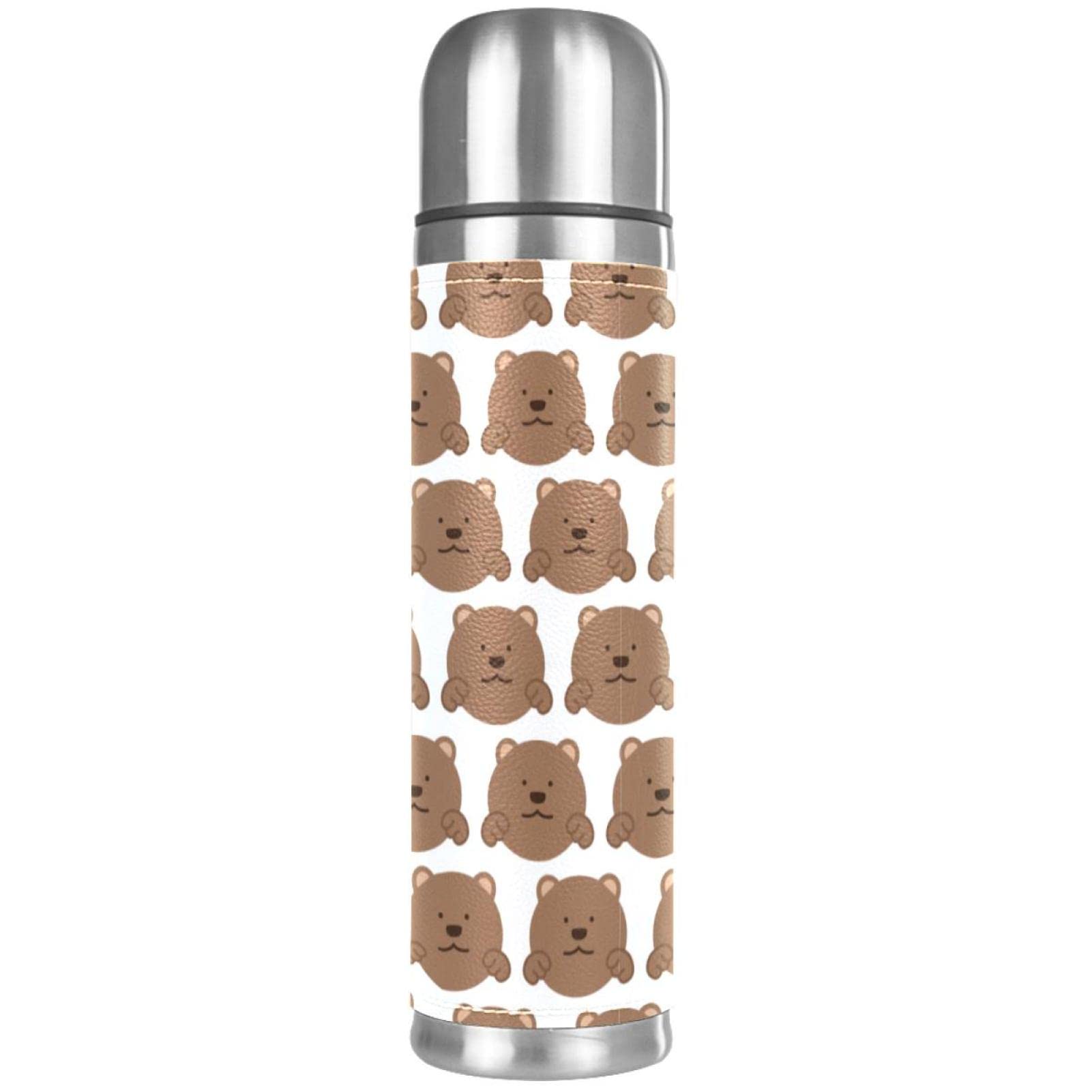 Stainless Steel Leather Vacuum Insulated Mug Bear Thermos Water Bottle for Hot and Cold Drinks Kids Adults 16 Oz