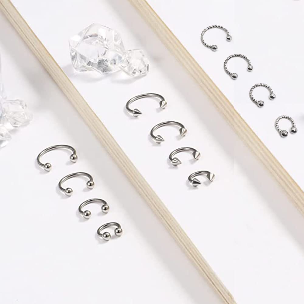 SENLANSP 12PCS 16G Stainless Steel Nose Septum Rings Horseshoe Spike Lip Rings EarringEyebrow Piercing Ring Simple yet Elegant for Women Men (silver)