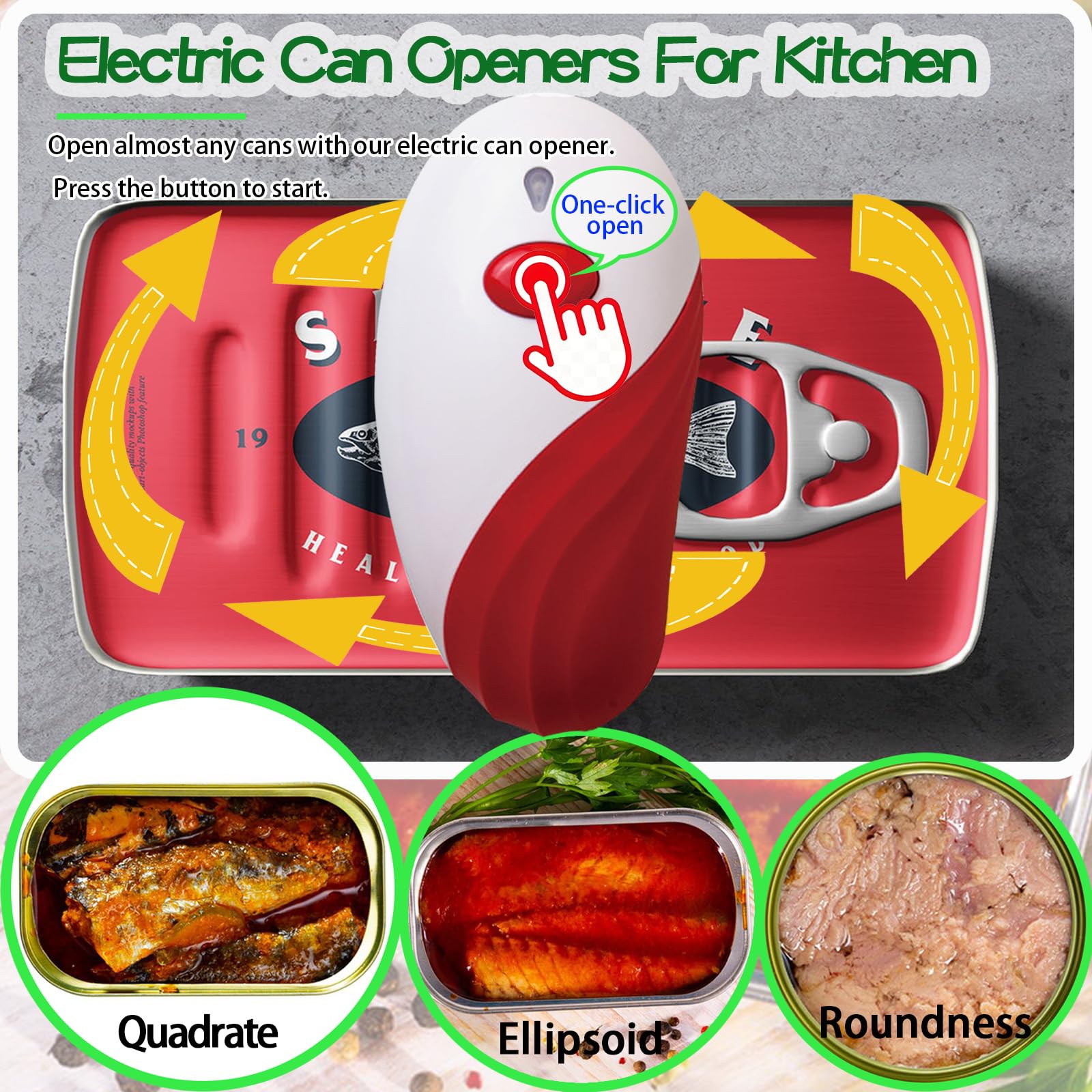 VEMJO Electric Can Opener For Kitchen One Touch Start Hands Free Automatic Can Opener Electric for Almost Cans Battery Operated Can Opener For Seniors and Arthritis Smooth Edge Food-Safe (Red), Small