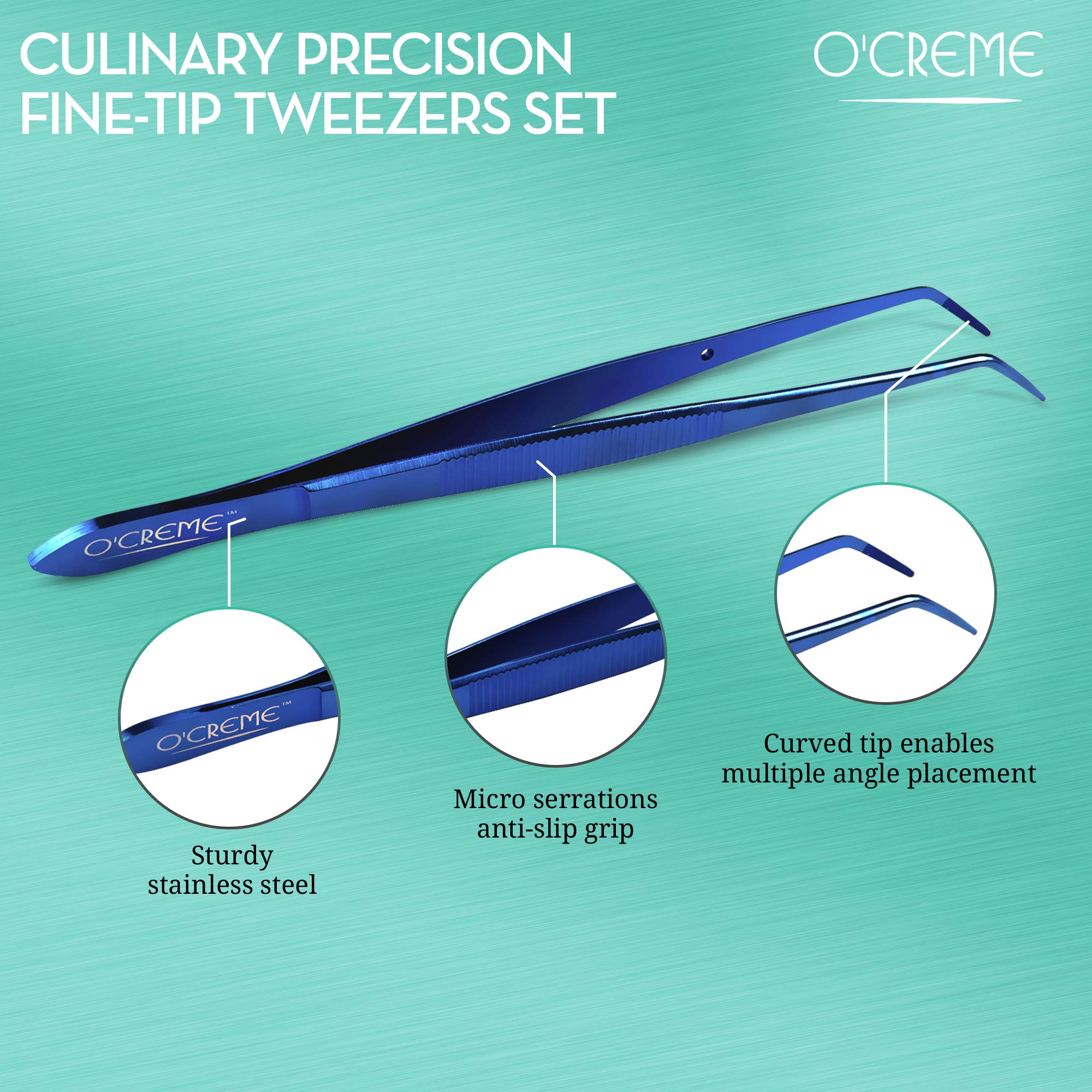 O'Creme Curved Tweezers 6.25 Inch Fine-Point Stainless Steel, Blue