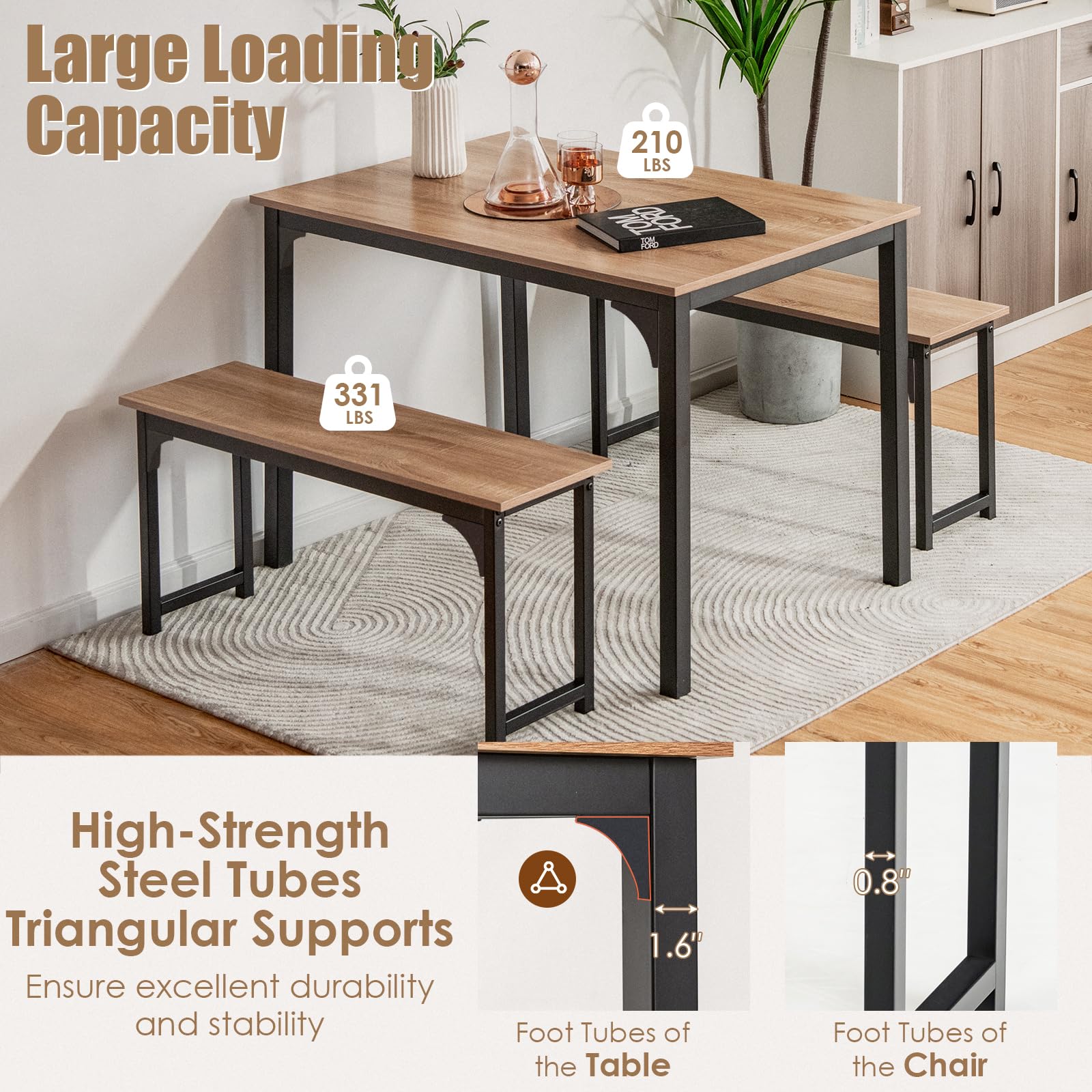 NAFORT 3-Piece Dining Table Set for 4, 43.5" Modern Kitchen Table Set w/2 Benches & Metal Frame, Space Saving Dining Room Table Set with MDF Wood Board, Ideal for Home, Restaurant, etc.