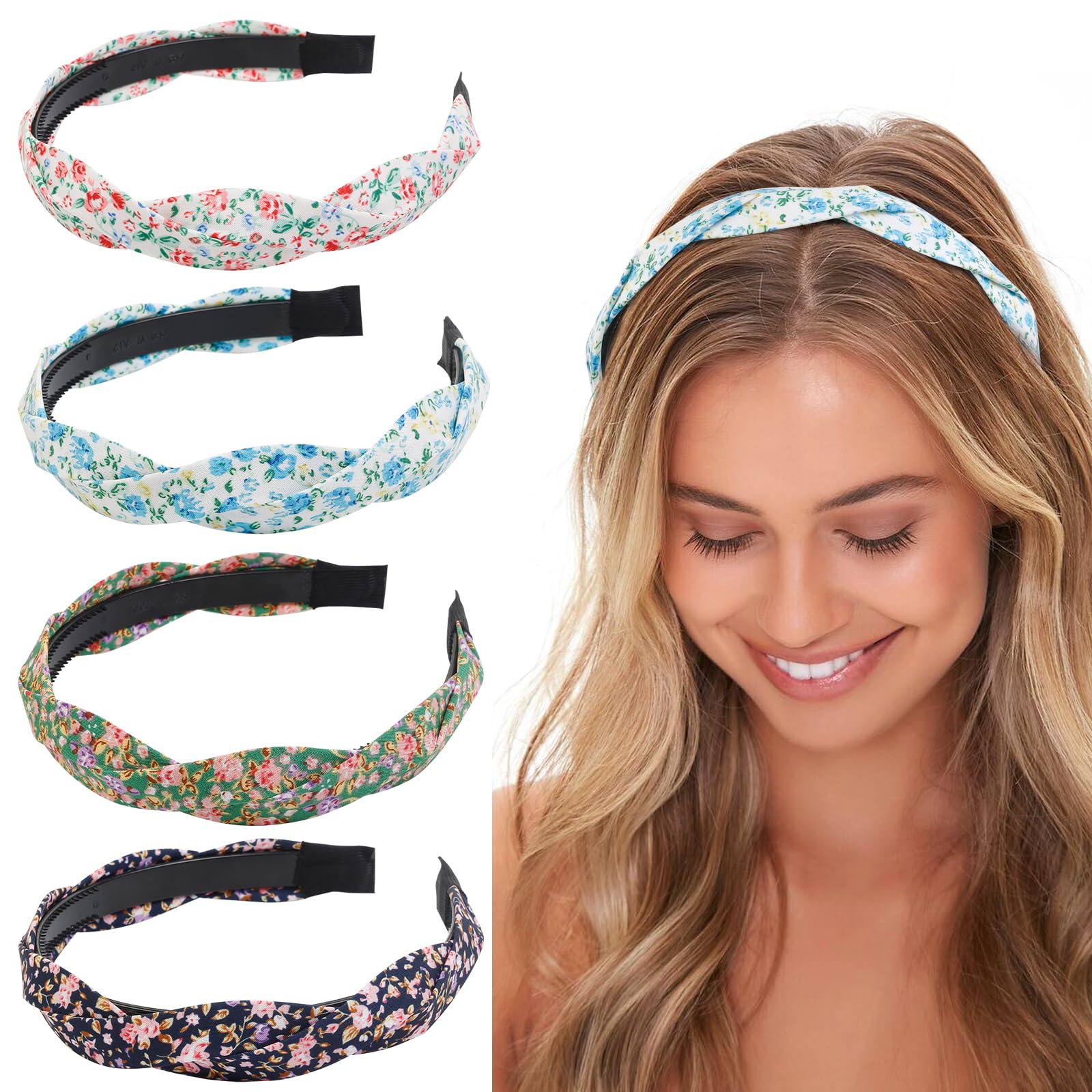 WOVOWOVO 4 Pieces Headbands for Women Girls Floral Braided Headband Non Slip Hairbands for Women's Hair Fashion Fabric Head Band Solid Colors Hair Accessories