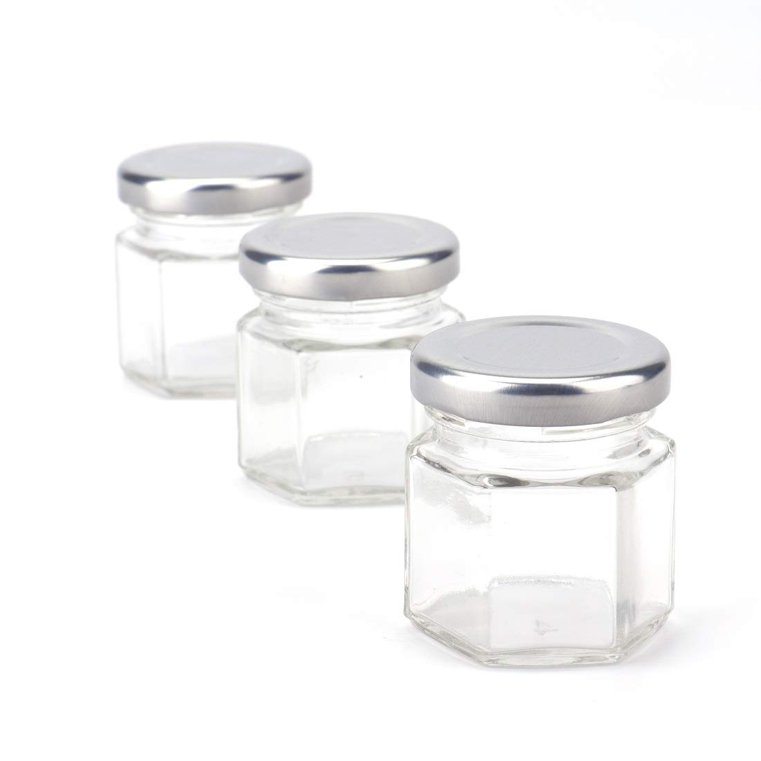 Tebery 30 Pack 1.5oz Mini Hexagon Glass Jars with Silver Lids and Labels, Honey Jars Small Spice Jars Mason Jars for Spices, Gifts, Wedding Party Favors, DIY and More
