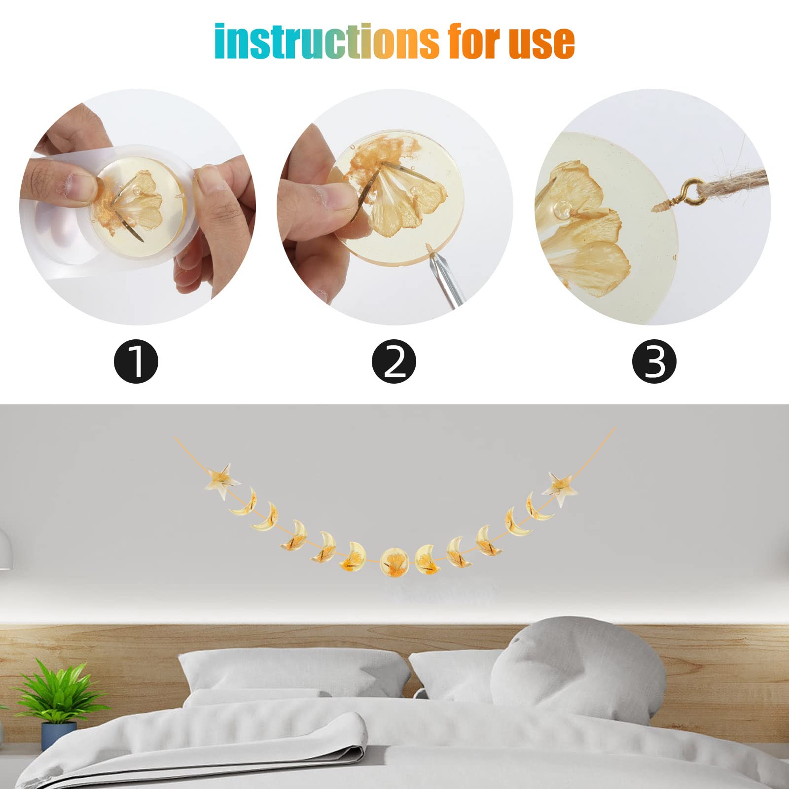 Moon Phase Resin Molds - Sun and Star Epoxy Silicone Mold Kits with Hemp Rope and Screws for Resin Casting, Wall Hanging, Home Decor, Key Chain