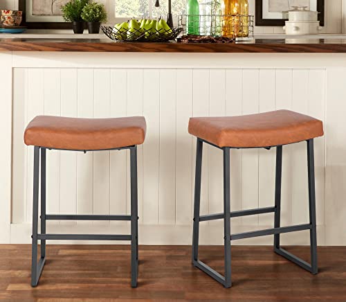 MAISON ARTS Brown Bar Stools Set of 2 Counter Height 24 Inches Saddle Stools for Kitchen Counter Backless Modern Barstools Upholstered Faux Leather Stools Farmhouse Island Chairs, Brown, 2pcs
