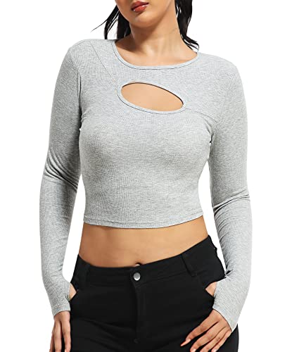 STARBILD Women Seamless Long Sleeve Yoga Crop Top Thumb Hole Compression Workout Activewear Shirts #2 Ribbed Seam Light Grey Medium