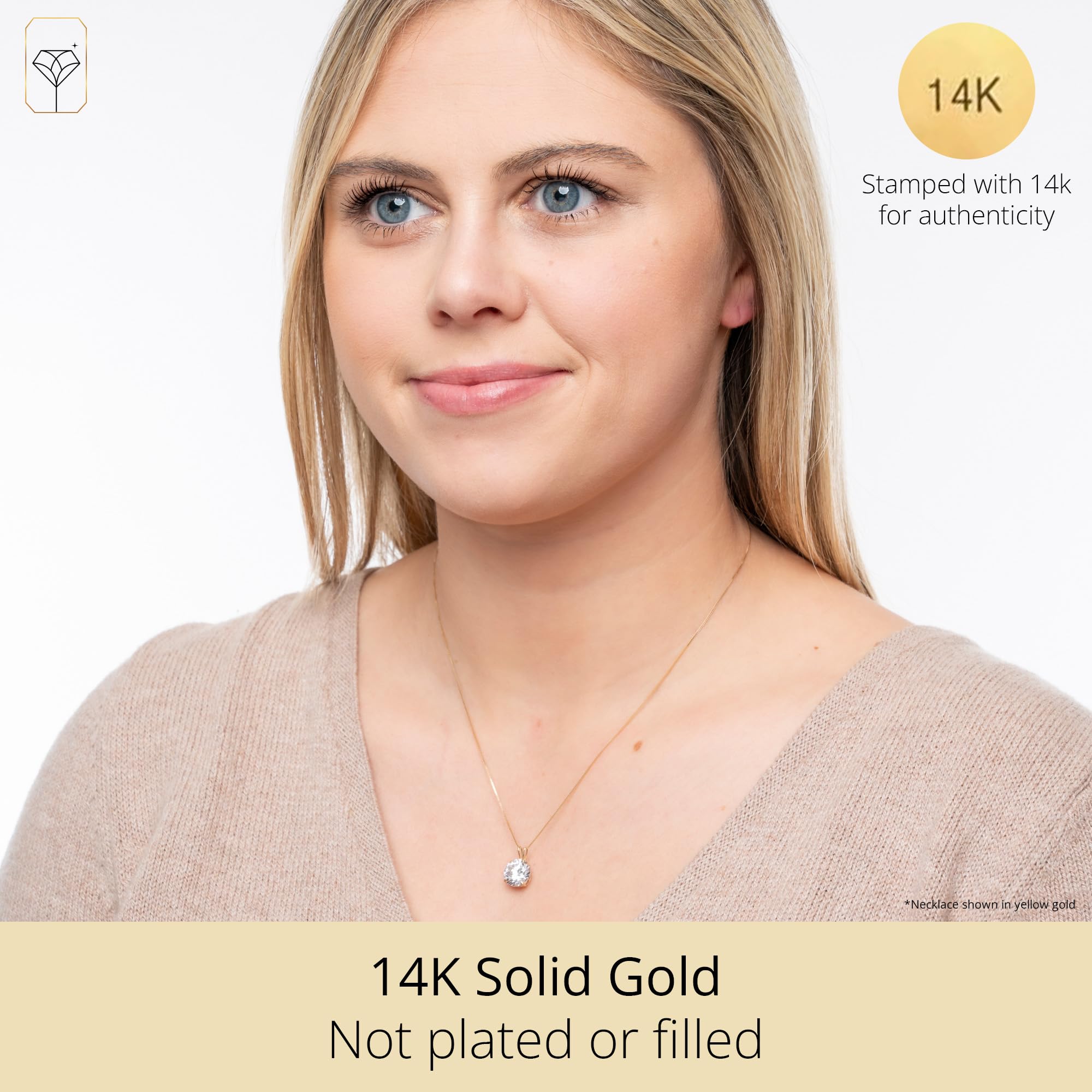 MAX + STONE 14k Yellow Gold 10mm Round Solitaire Cubic Zirconia Pendant Necklace for Women with 18 Inch Box Chain