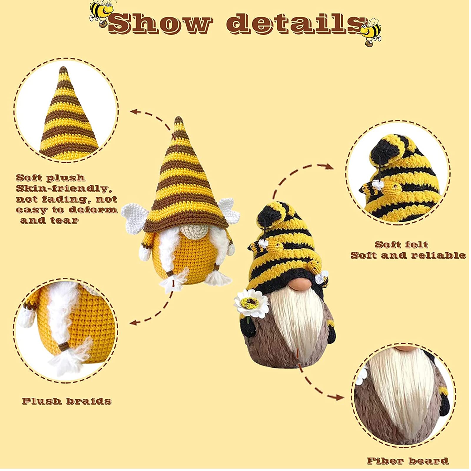 Sadaunbe 2 Pack Spring Summer Gnomes Plush Handmade Swedish Tomte Decorations Honey Bumble Bee Dwarf Figurine Elf Stuffed Doll Gift for Home Office Farmhouse Decor