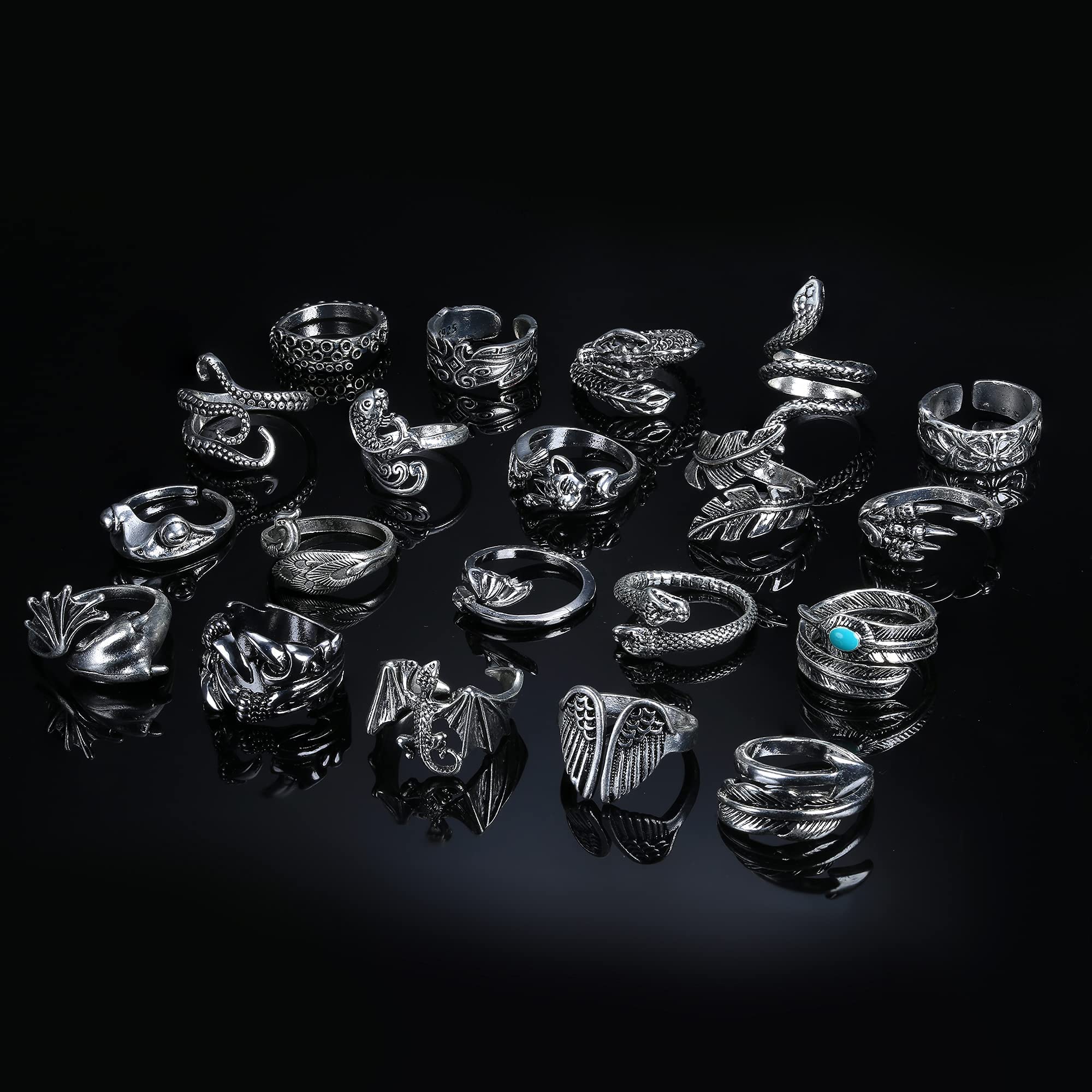Subiceto 53Pcs Vintage Punk Rings for Men Women Snake Skull Ring Dragon Open Rings Set Adjustable Knuckle Stackable Rings Boho Full Finger Rings