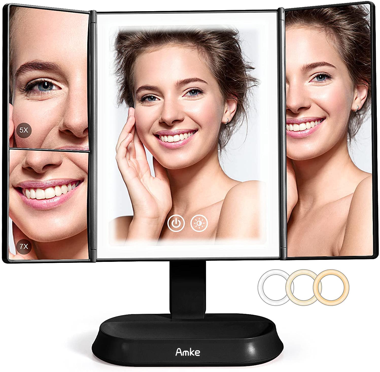 Makeup Mirror with Lights and Magnification, 1X/5X/7X Magnification, Trifold Makeup Mirror, Lighted Makeup Mirror, Smart Touch Screen, Portable Travel Make up Mirror, Women Gift (Black)