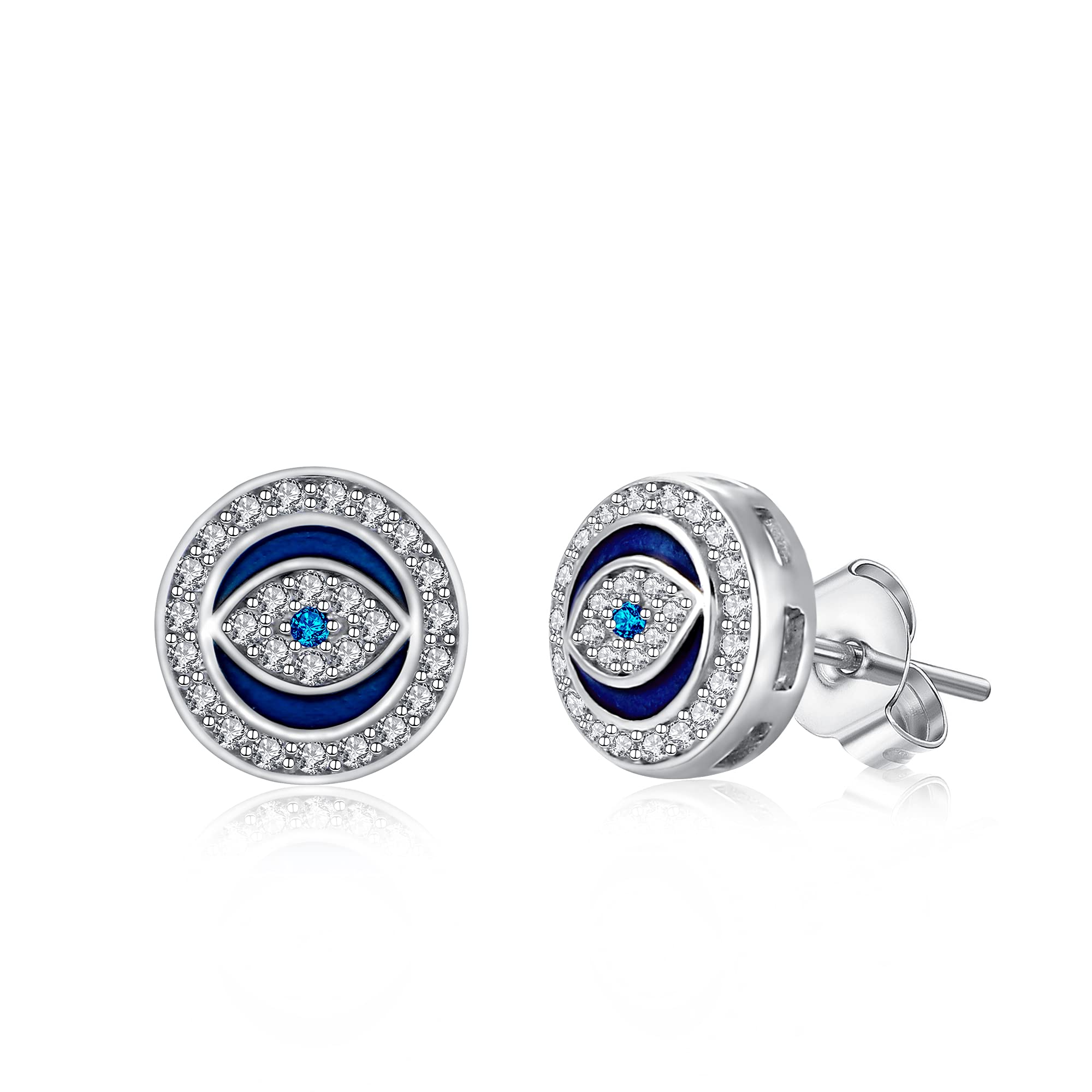 MOONQUEEN Blue Evil Eye Stud Earrings 925 Sterling Silver Eardrop Cubic Zirconia,Lucky Gift for Women Girls