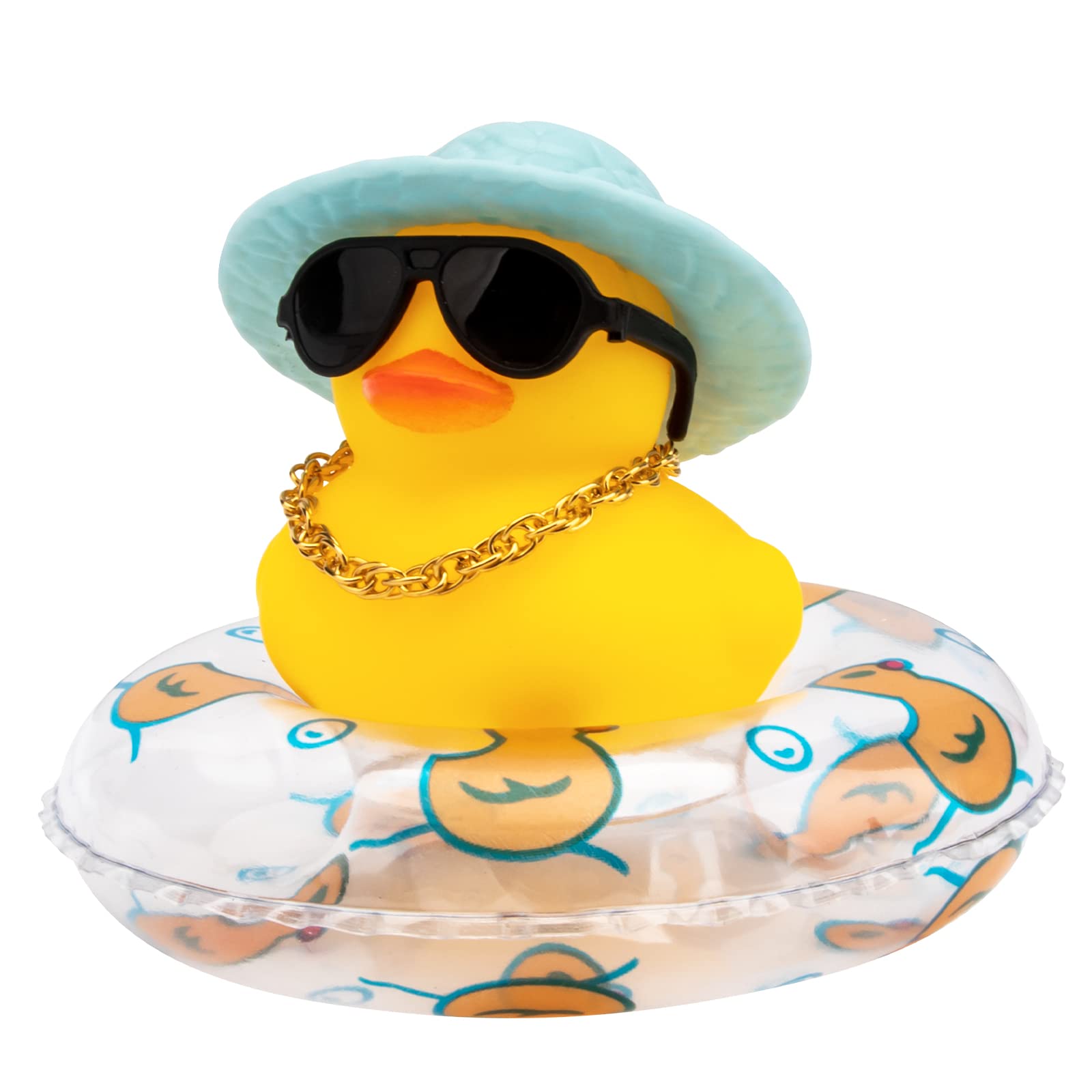 wonuu 3PCS Starw Hat Swim Ring Rubber Ducks with Diamon/Plastic Sunglasses Hat Necklace for Cars Dashboard Decorations Car Accessories Toy Duck Car Ornament, Blue+Black+White